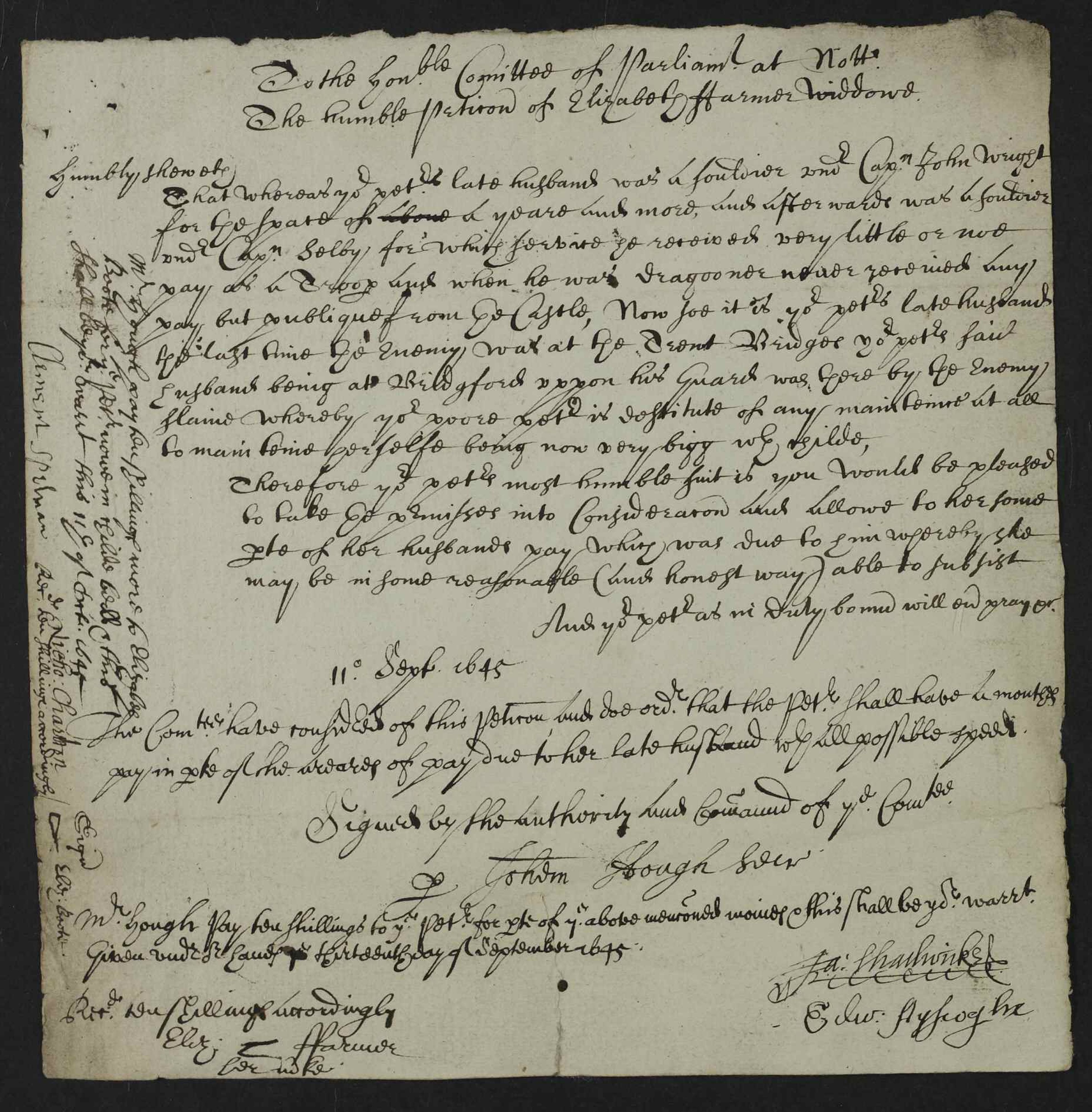 The petition of Elizabeth Farmer, Nottinghamshire, 11 September 1645 ...