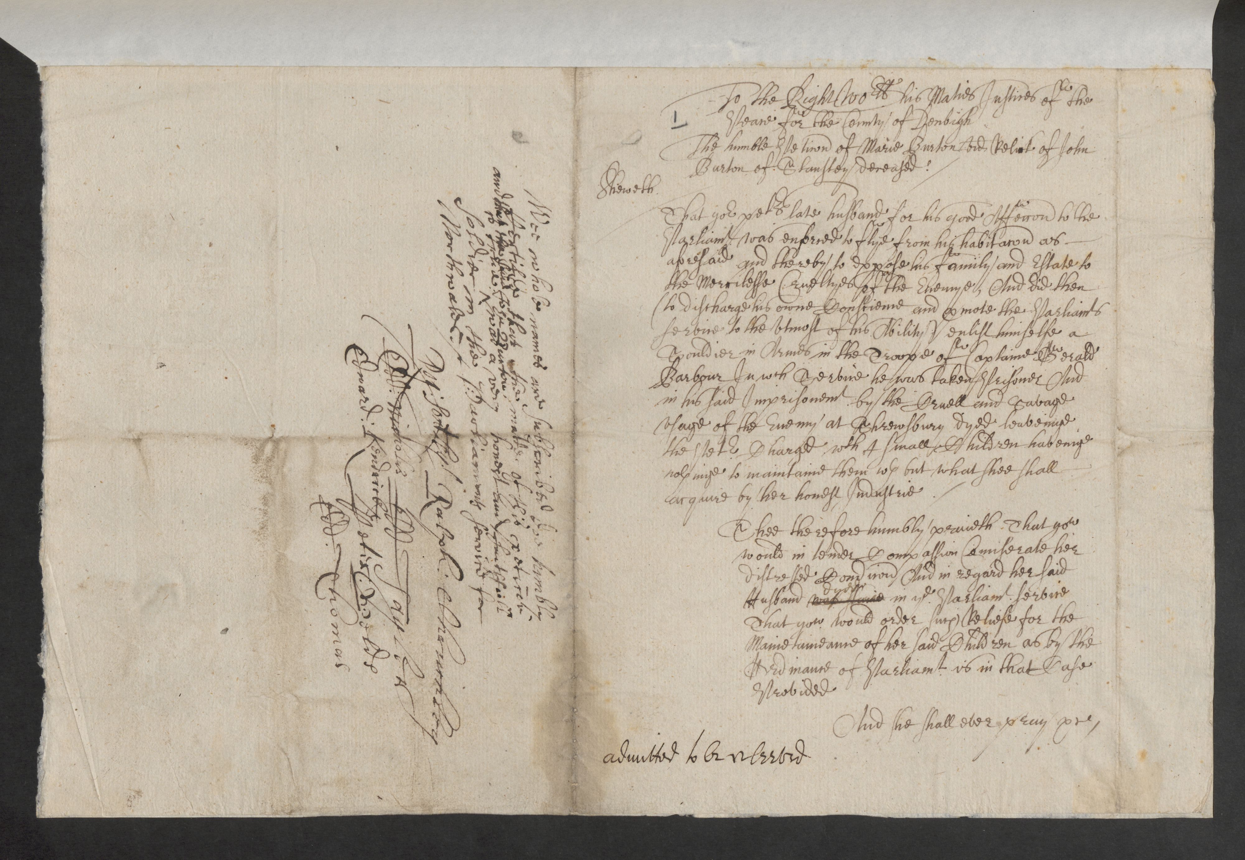 The petition of Marie Burton of Stansty, Denbighshire, Easter 1648 ...