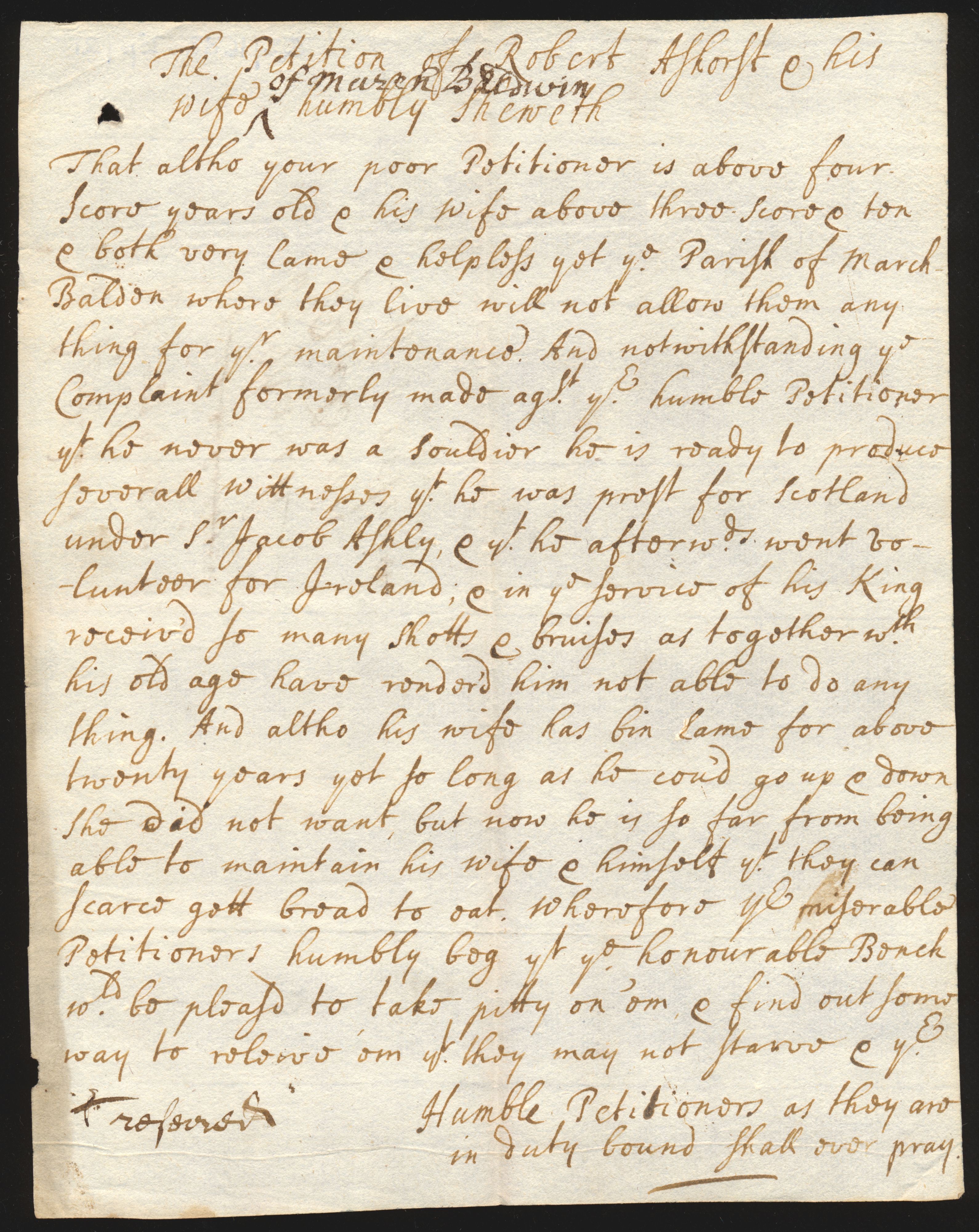 The petition of Robert Ashorst and his wife of Marsh Baldon ...