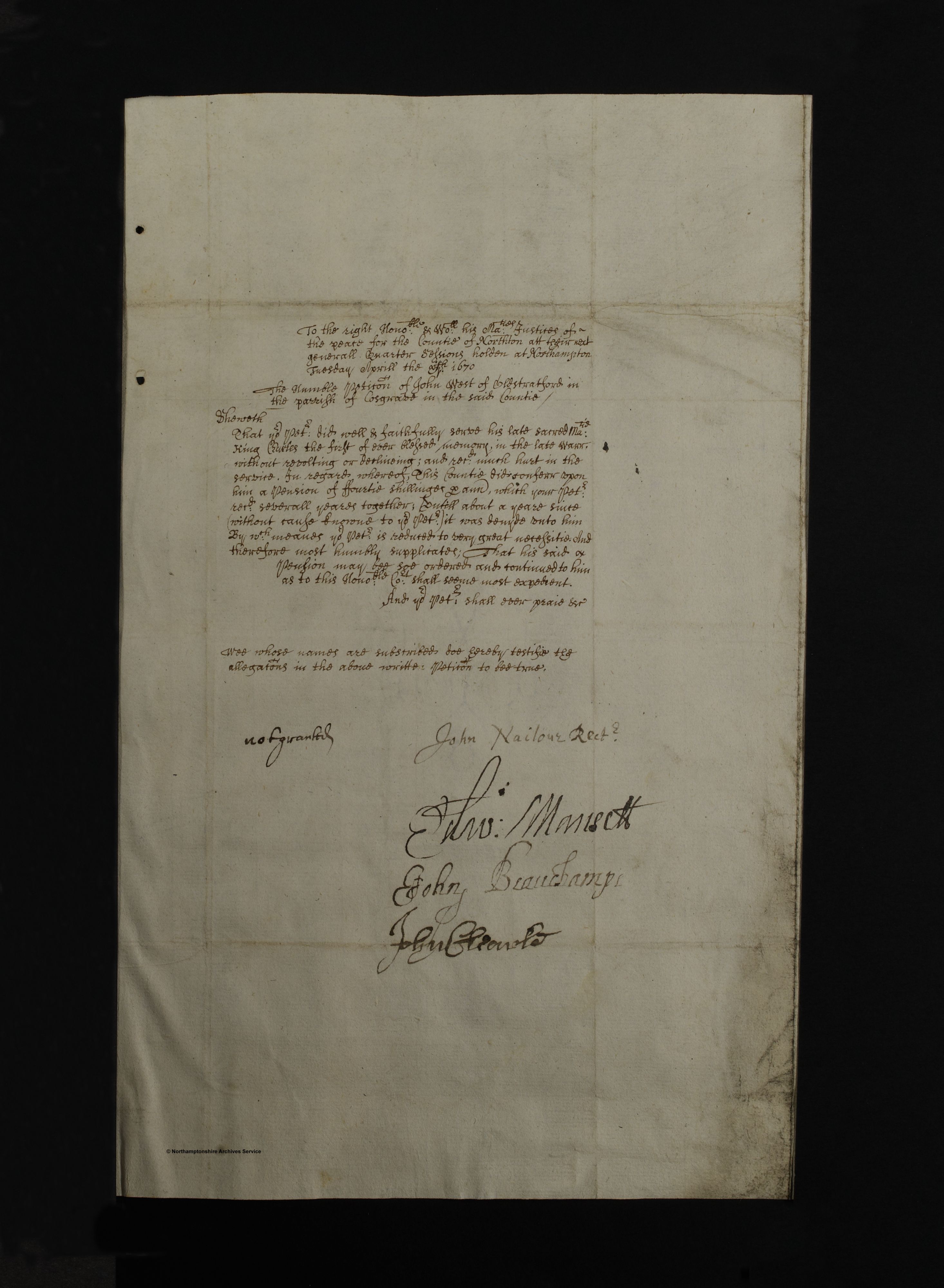 The petition of John West of Old Stratford, Northamptonshire, 10 April ...