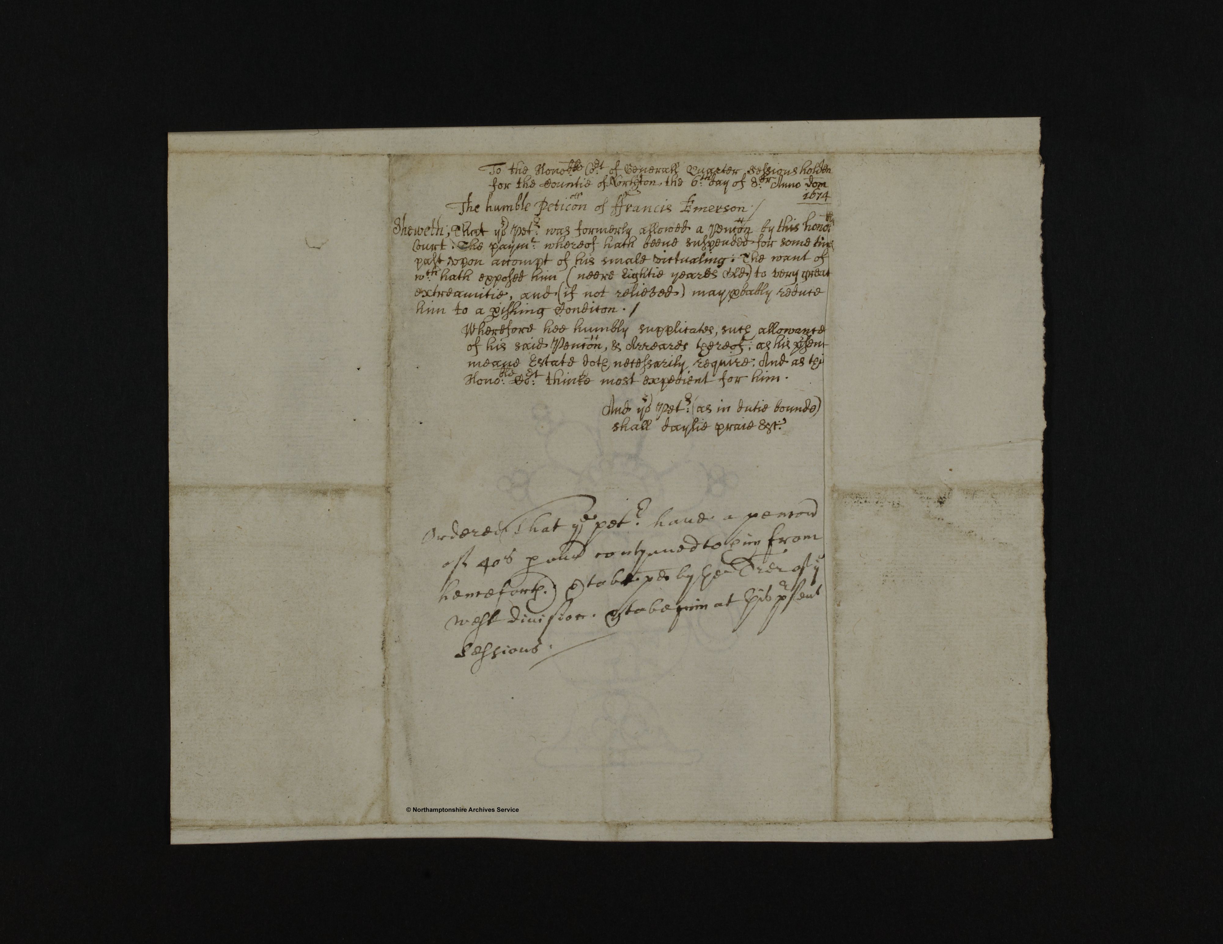 The petition of Francis Emerson of Old Stratford, Northamptonshire, 6 ...