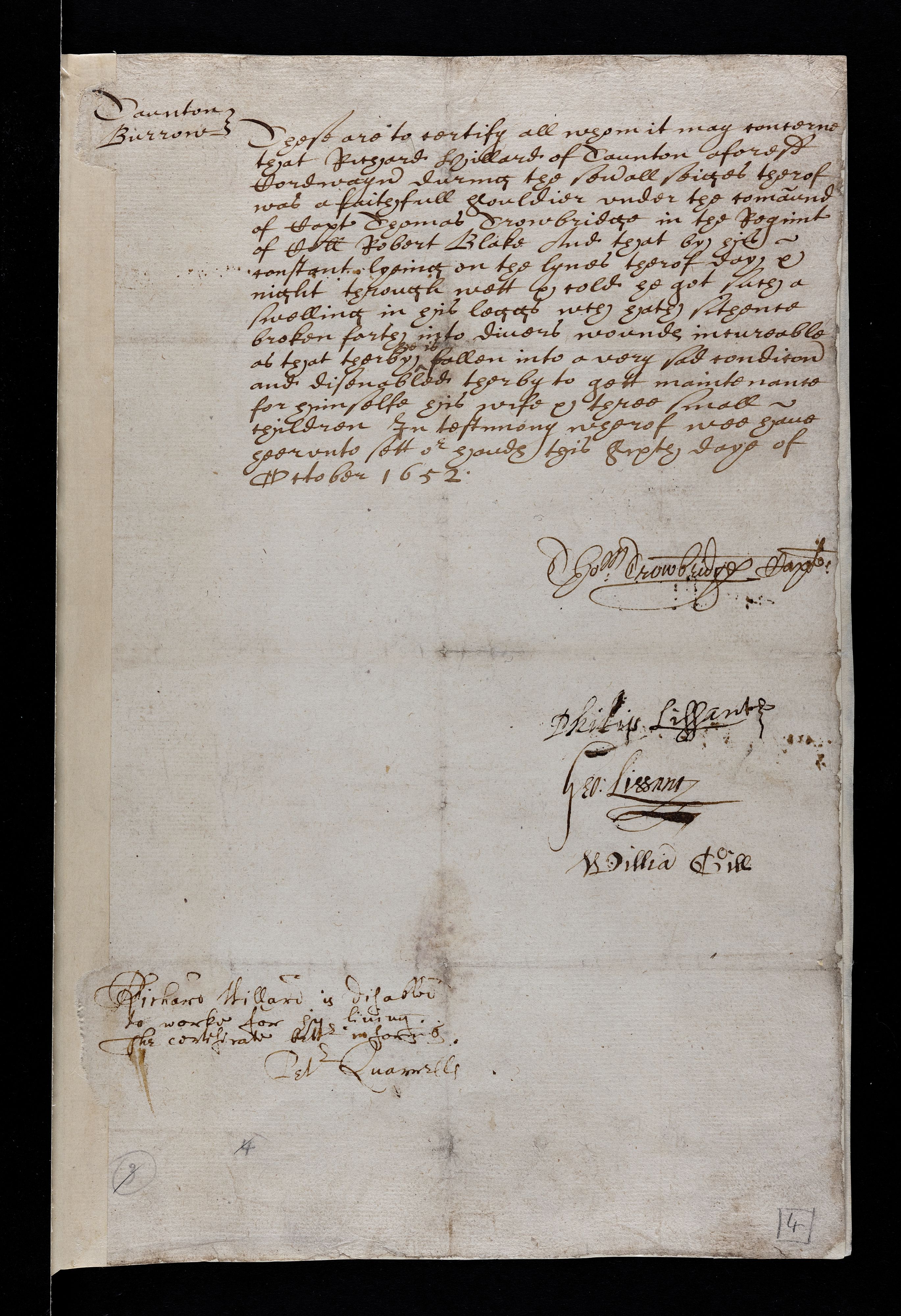 The certificate for Richard Hillard of Taunton, Somerset, 6 October ...