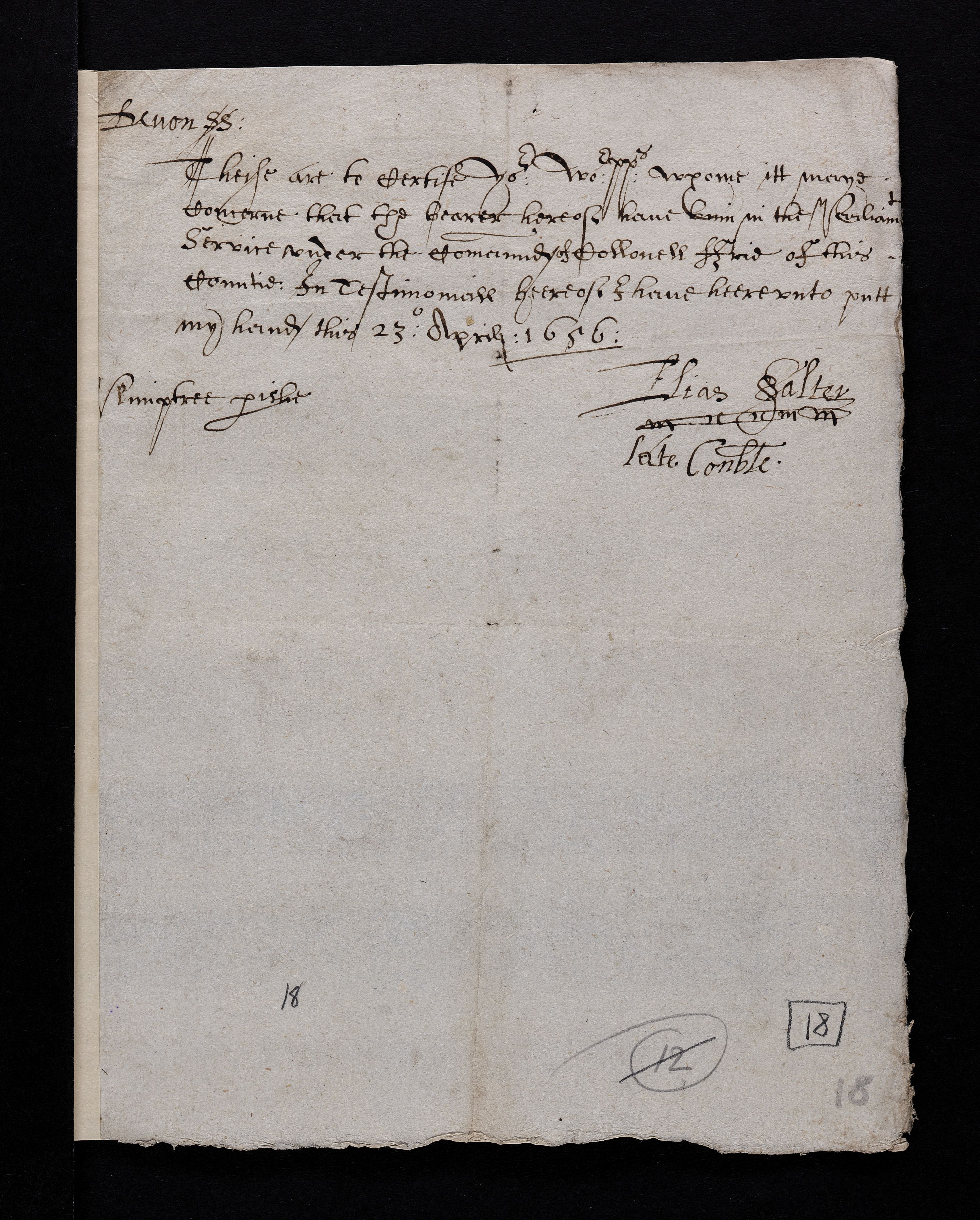 The certificate for an unnamed maimed soldier, Somerset, 23 April 1656 ...