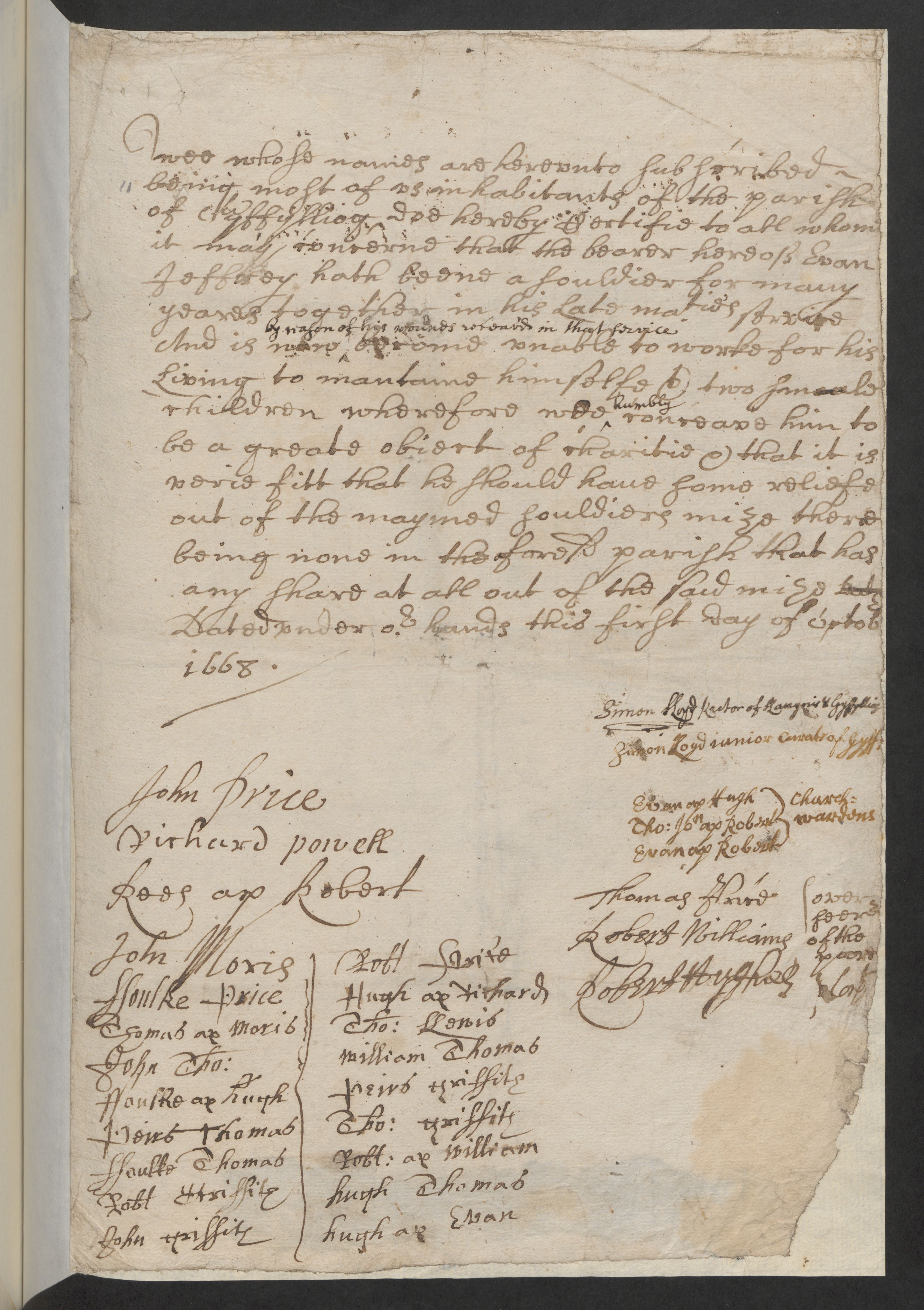 The certificate for Evan Jeffrey of Gyffylliog, Denbighshire, 1 October ...