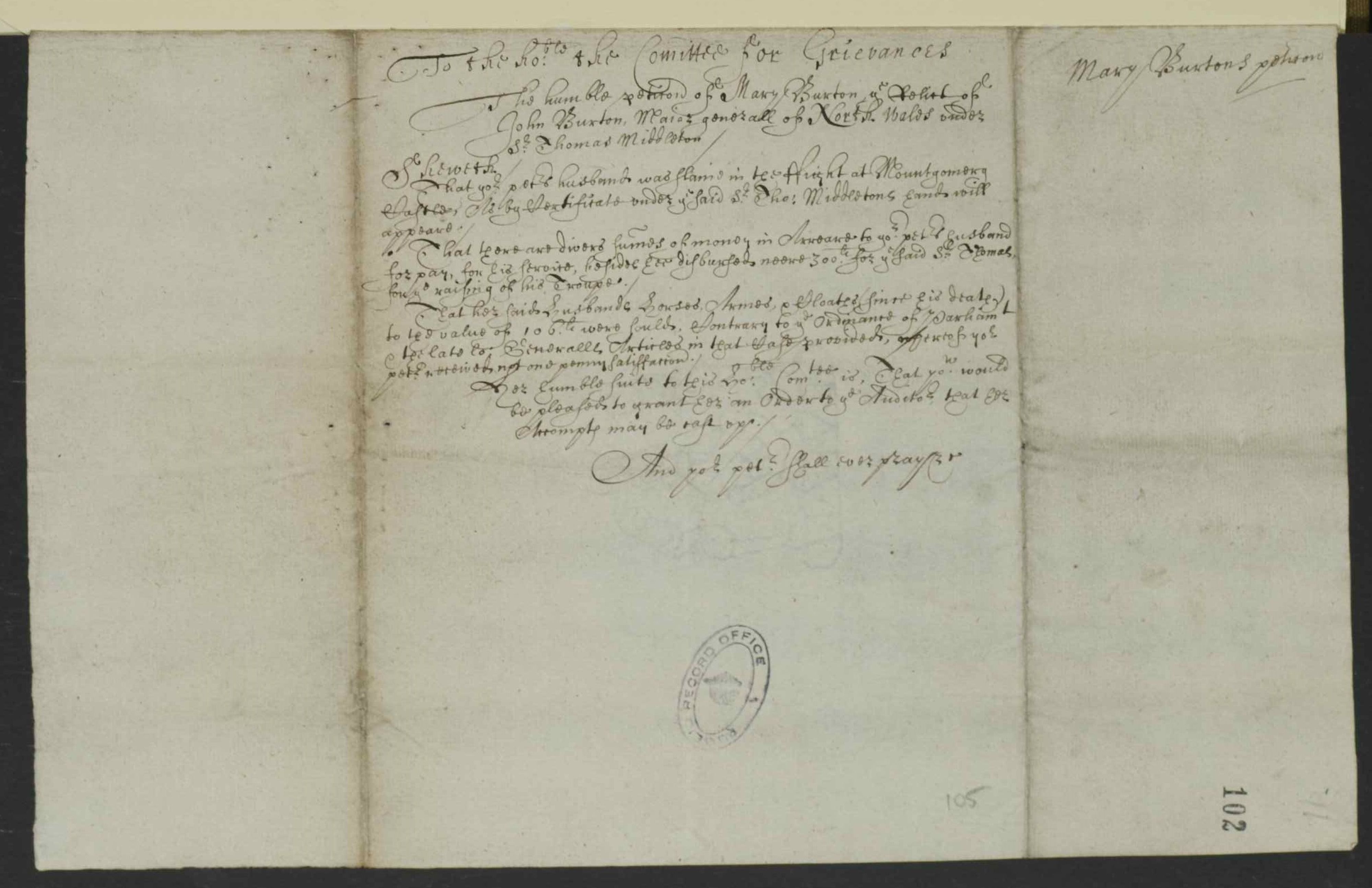 The petition of Mary Burton of Stansty, Denbighshire, c. 1645 (1 ...