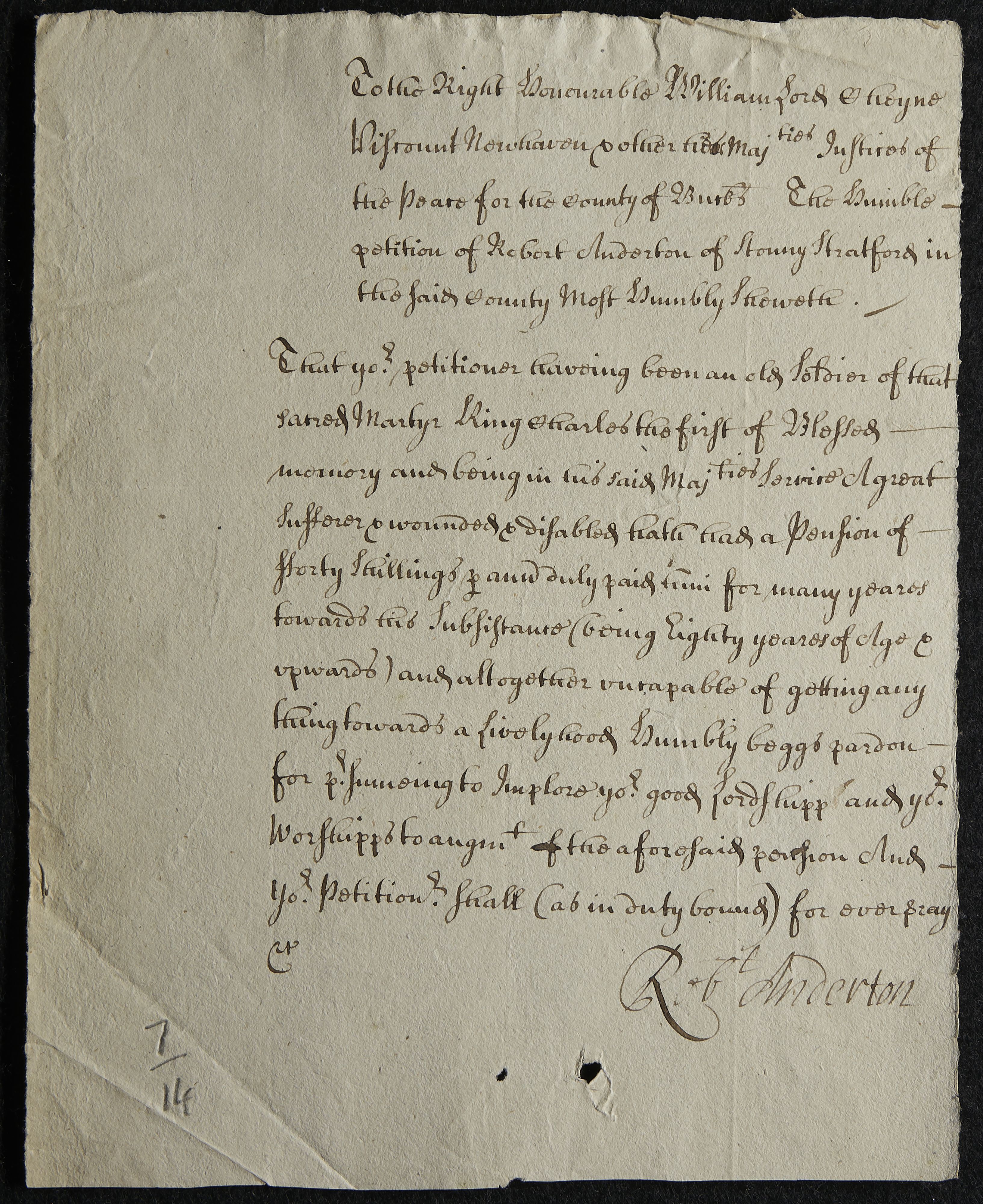 The petition of Robert Anderton of Stony Stratford, Buckinghamshire, 14 ...