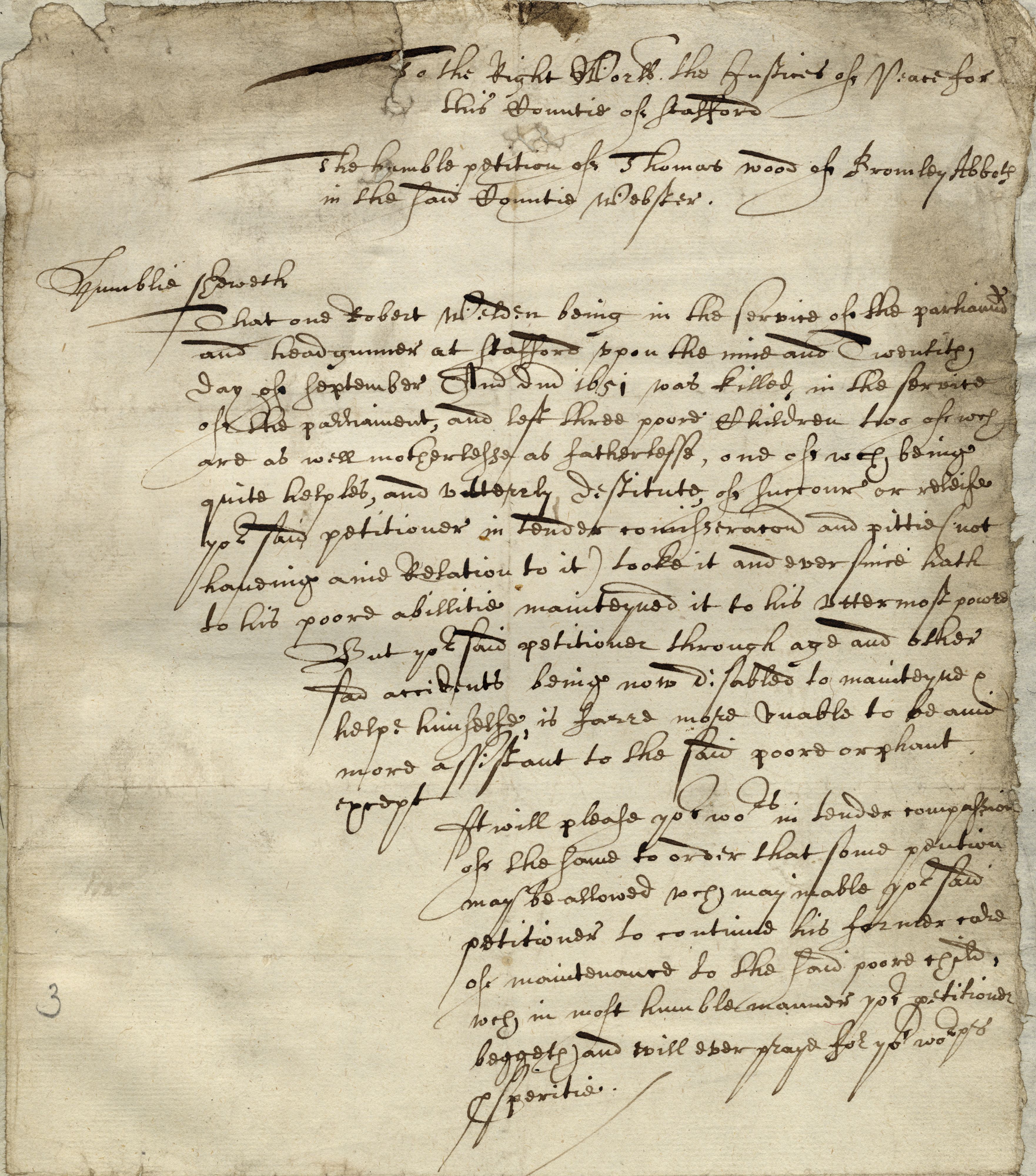 The petition of Thomas Wood of Abbots Bromley, Staffordshire, 6 January ...