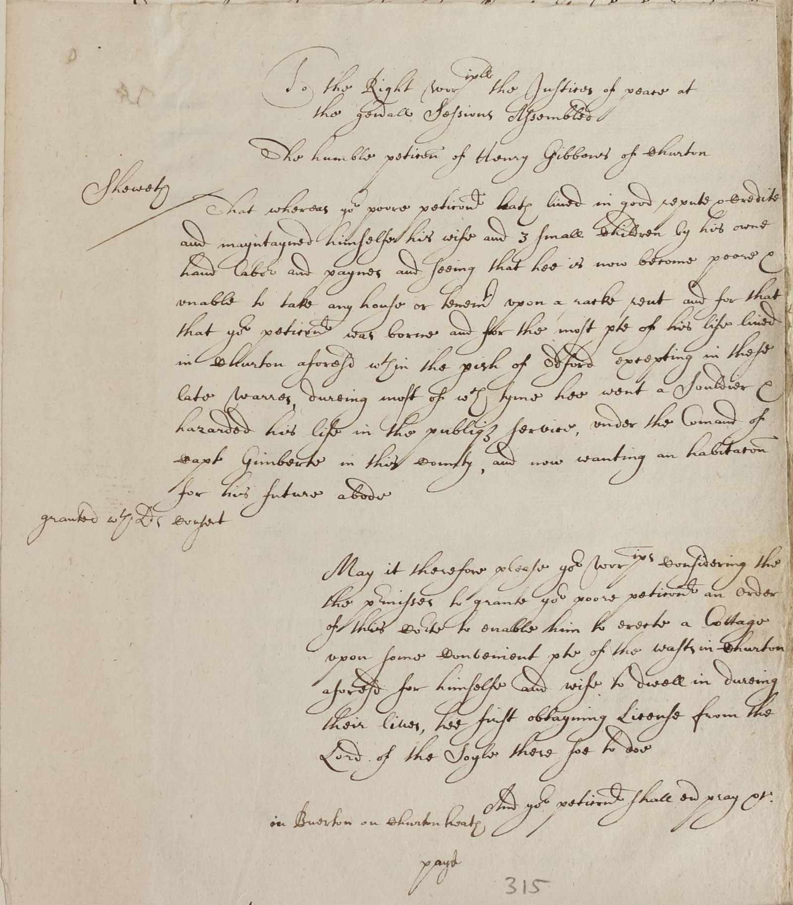 The petition of Henry Gibbons of Churton, Cheshire, Trinity 1653 ...