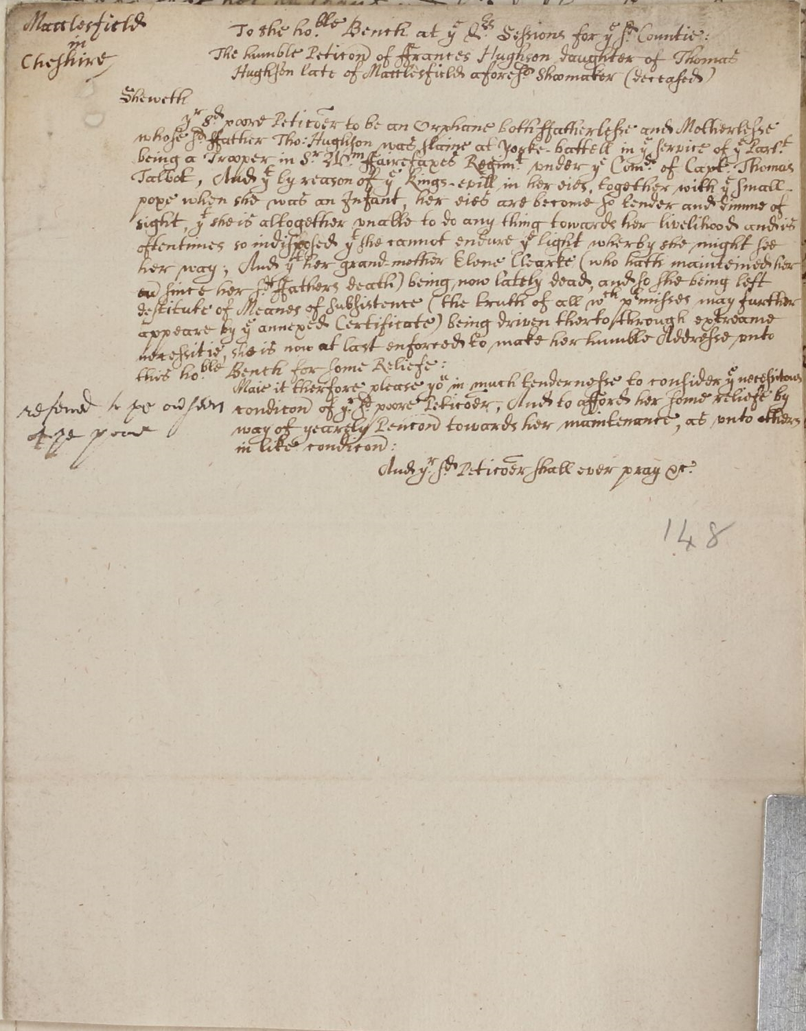 The petition of Frances Hughson of Macclesfield, Cheshire, Easter 1655 ...