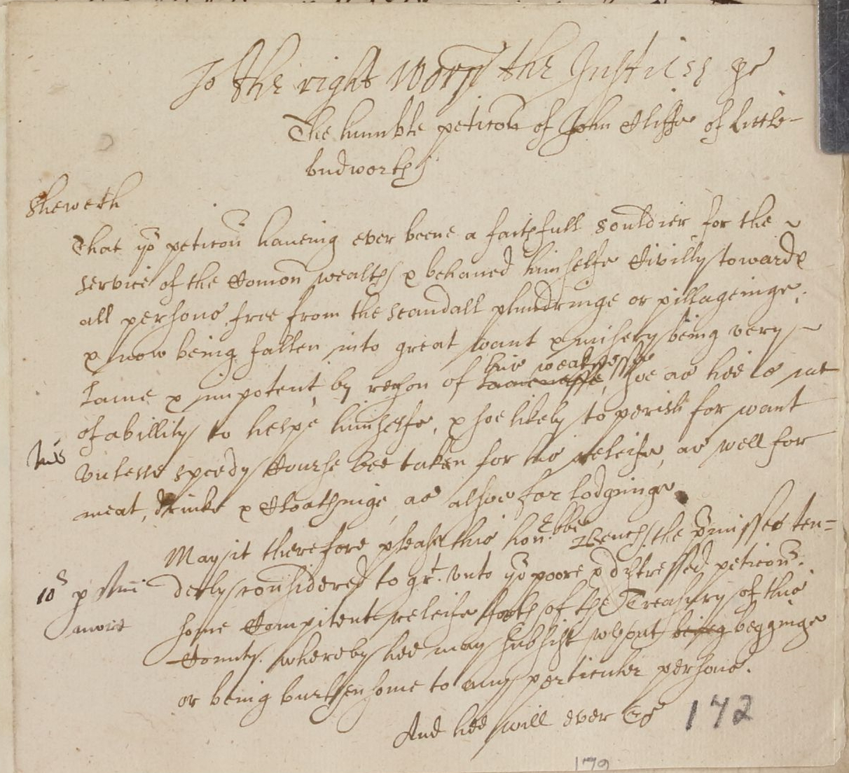 The petition of John Cliffe of Little Budworth, Cheshire, Trinity 1655 ...