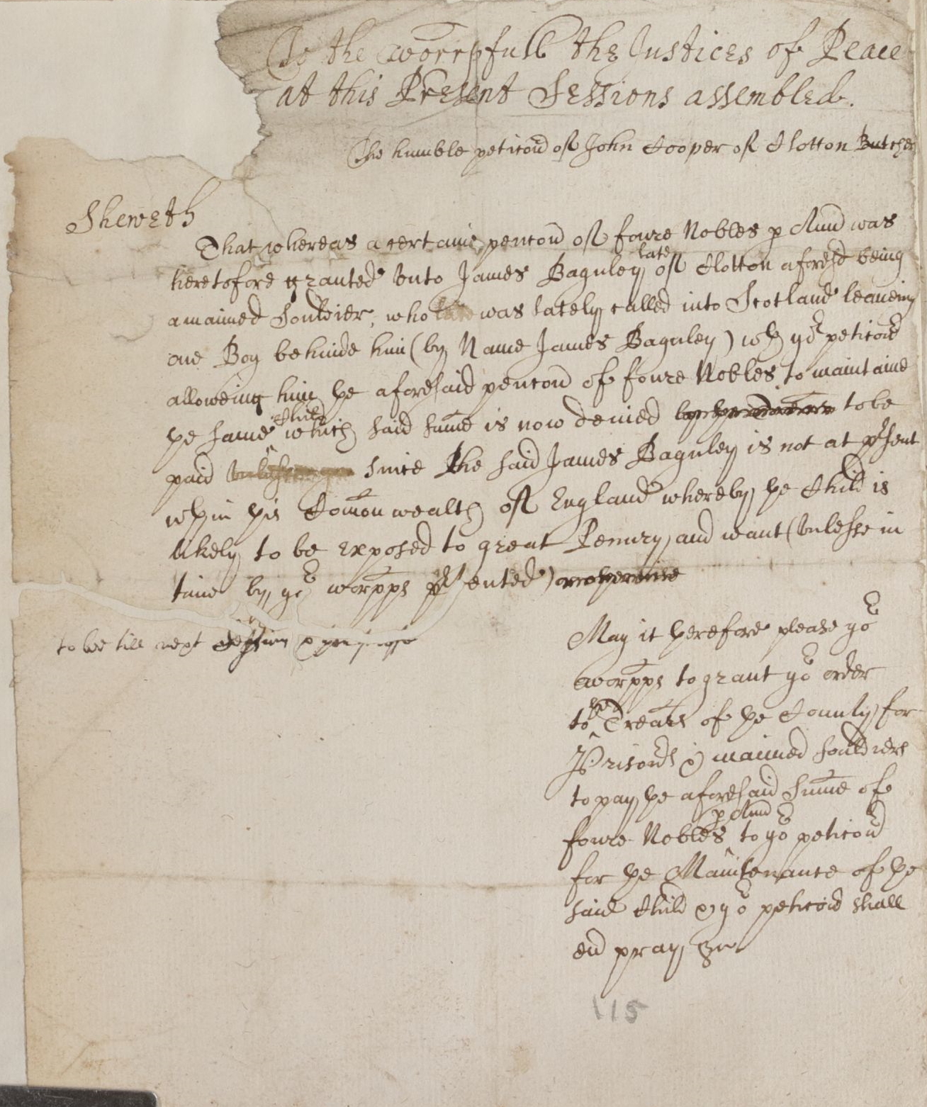 The petition on behalf of James Baguley of Clotton, Cheshire, Easter ...