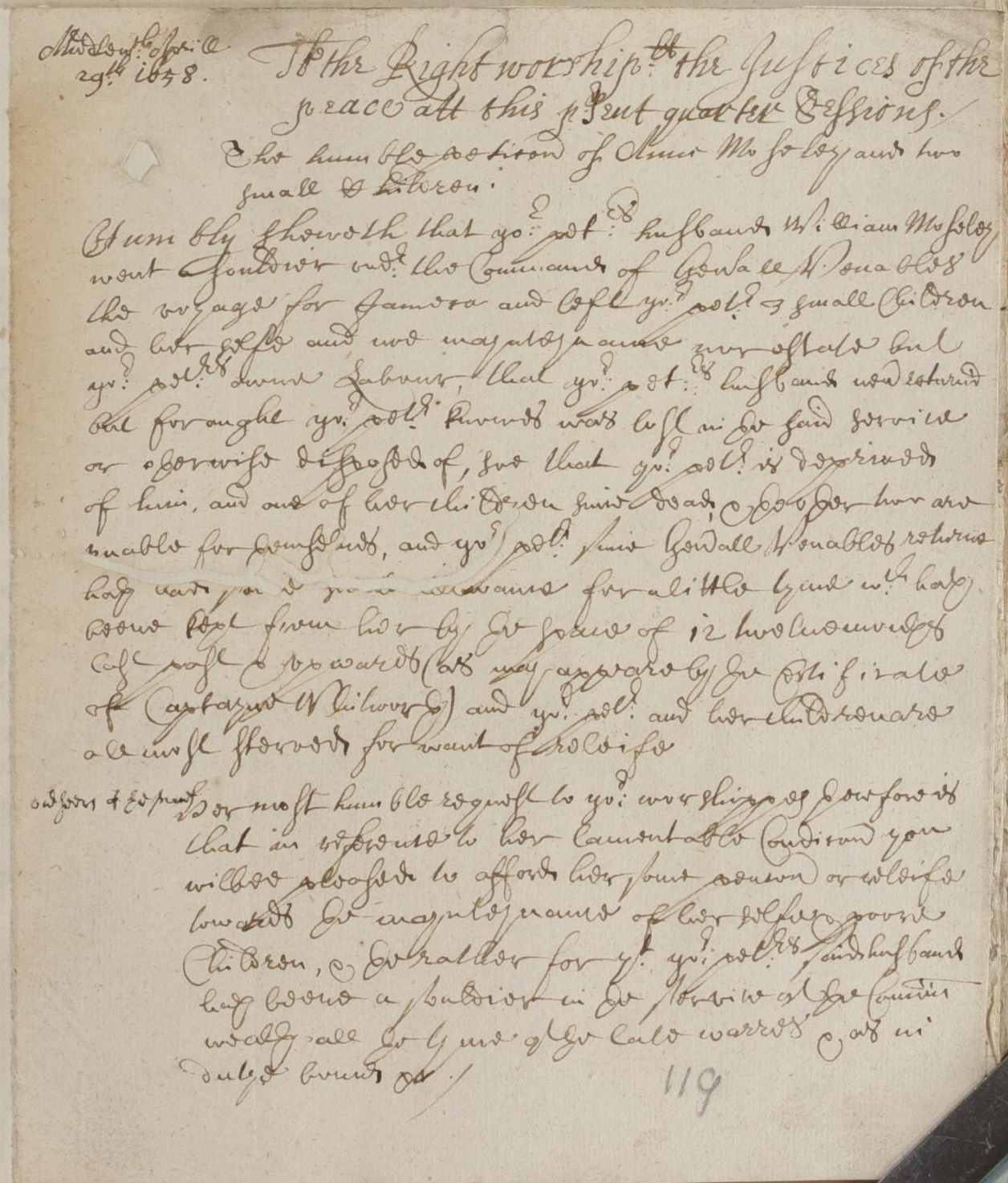 The petition of Anne Moseley of Kinderton, Cheshire, 29 April 1658 ...