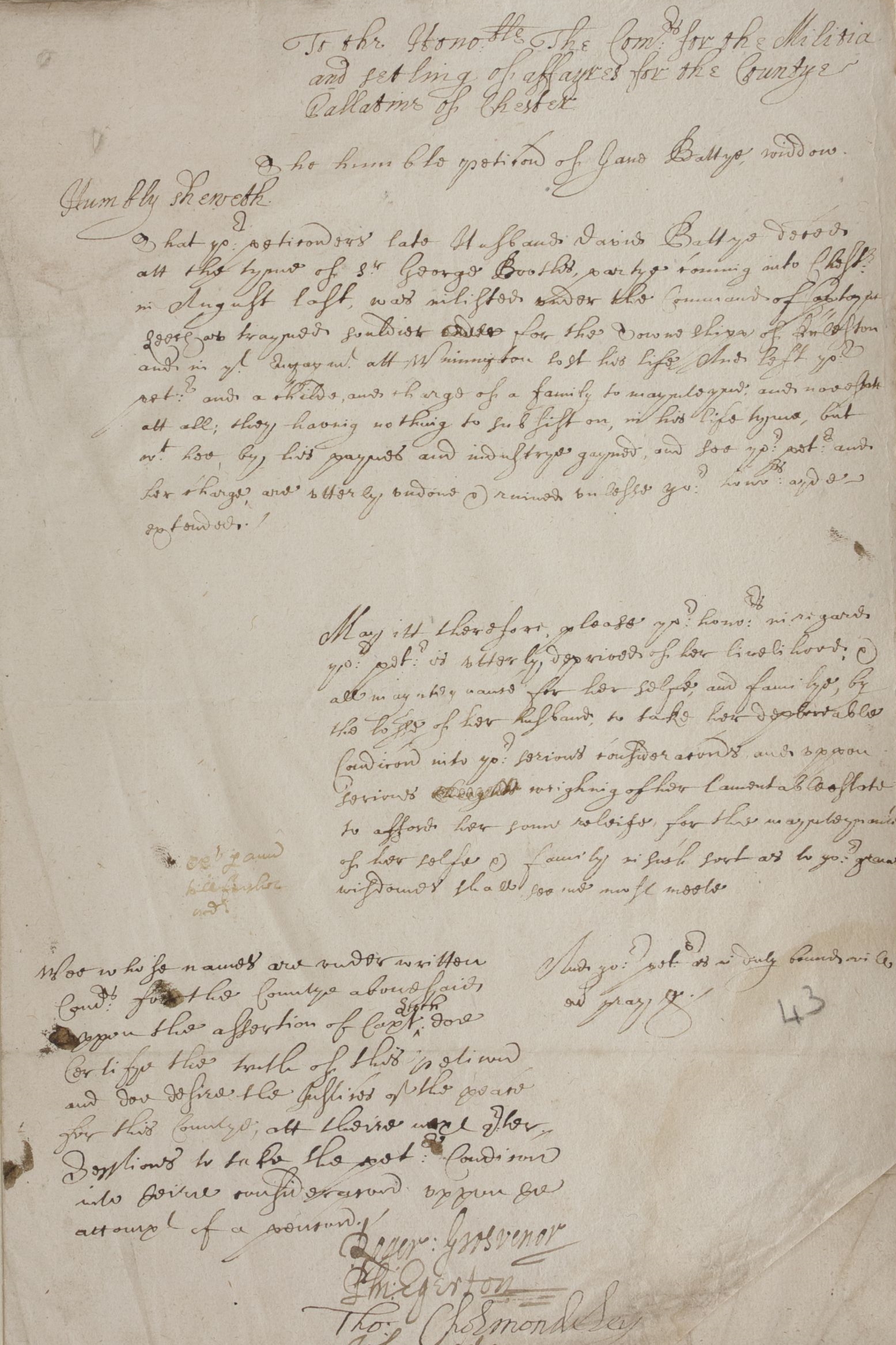 The petition of Jane Battye of Eccleston, Cheshire, Michaelmas 1660 ...