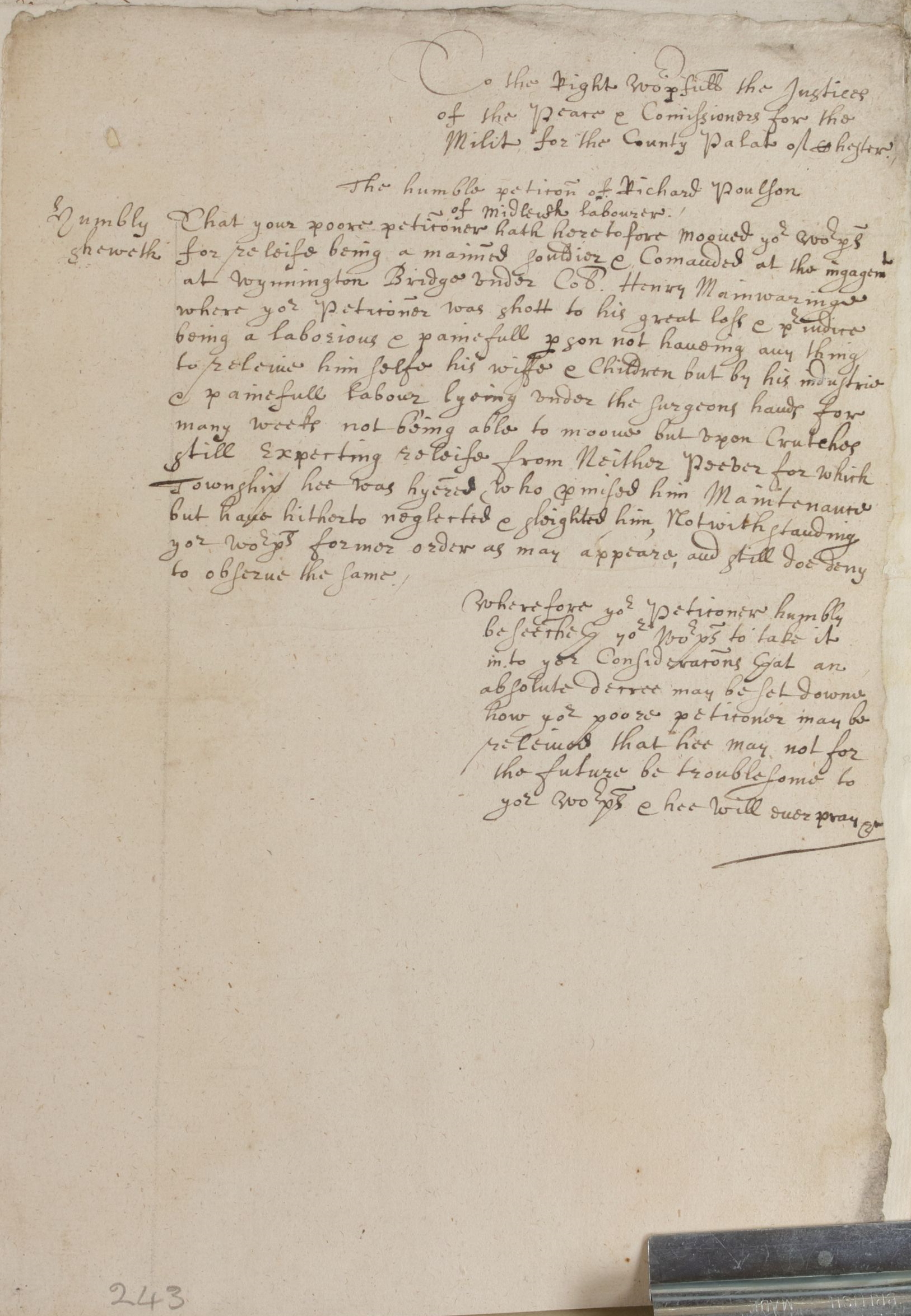 The petition of Richard Poulson of Middlewich, Cheshire, Easter 1661 ...