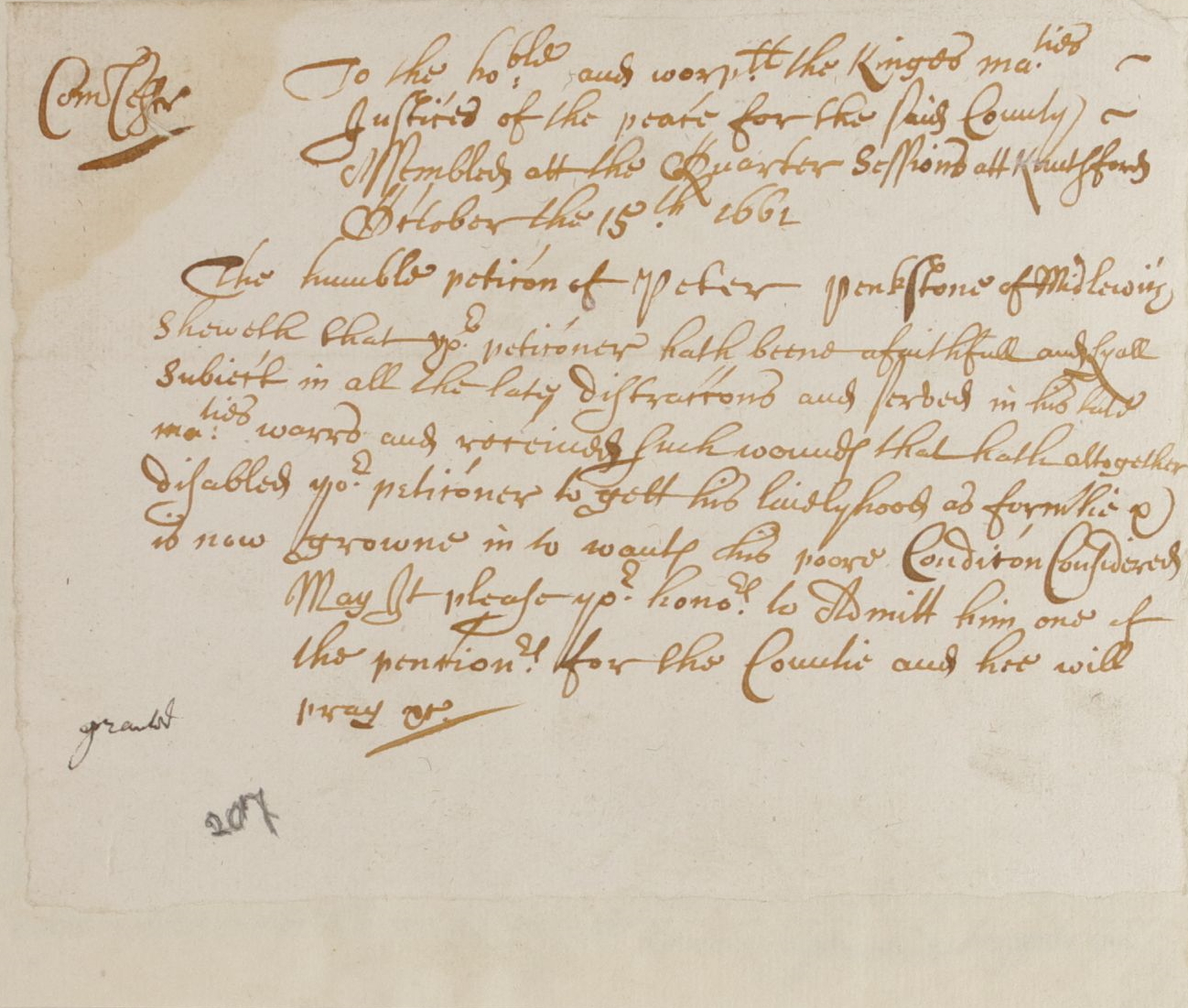 The petition of Peter Penkstone of Middlewich, Cheshire, 15 October ...