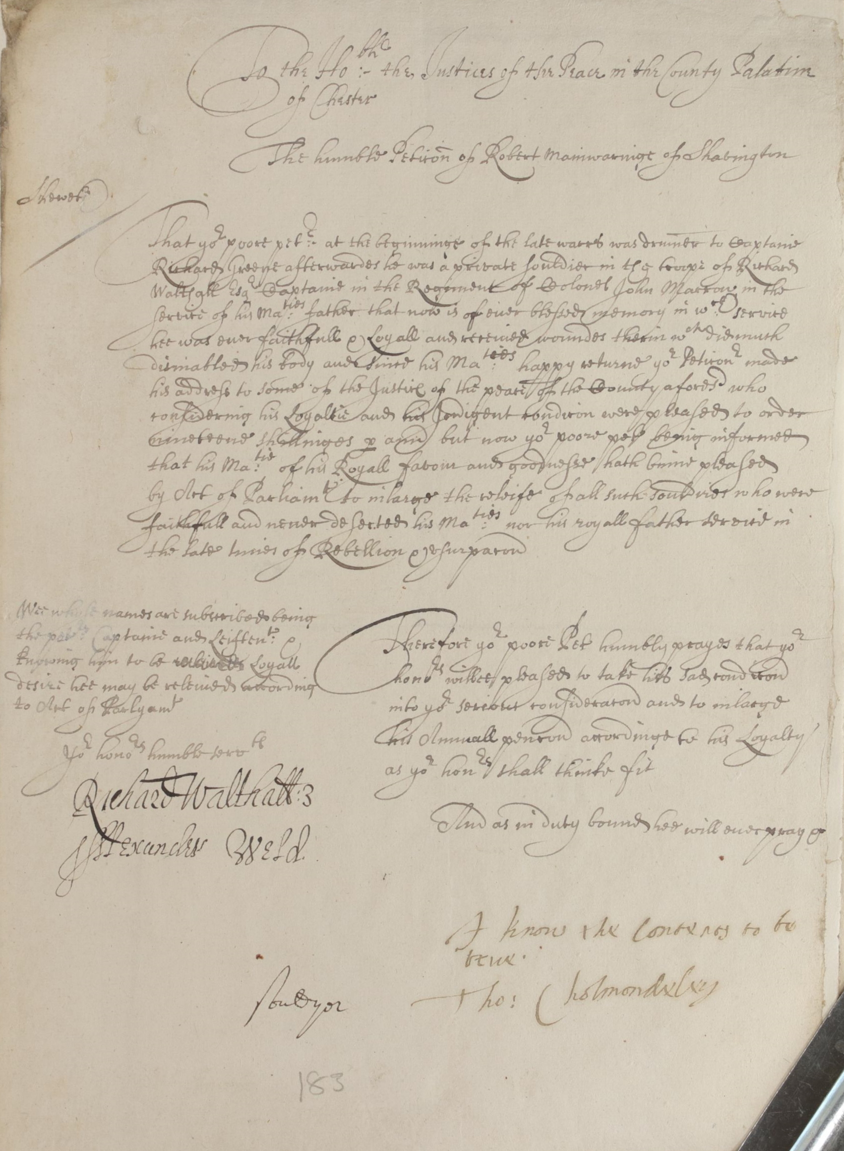 The petition of Robert Mainwaring of Shavington-cum-Gresty, Cheshire ...