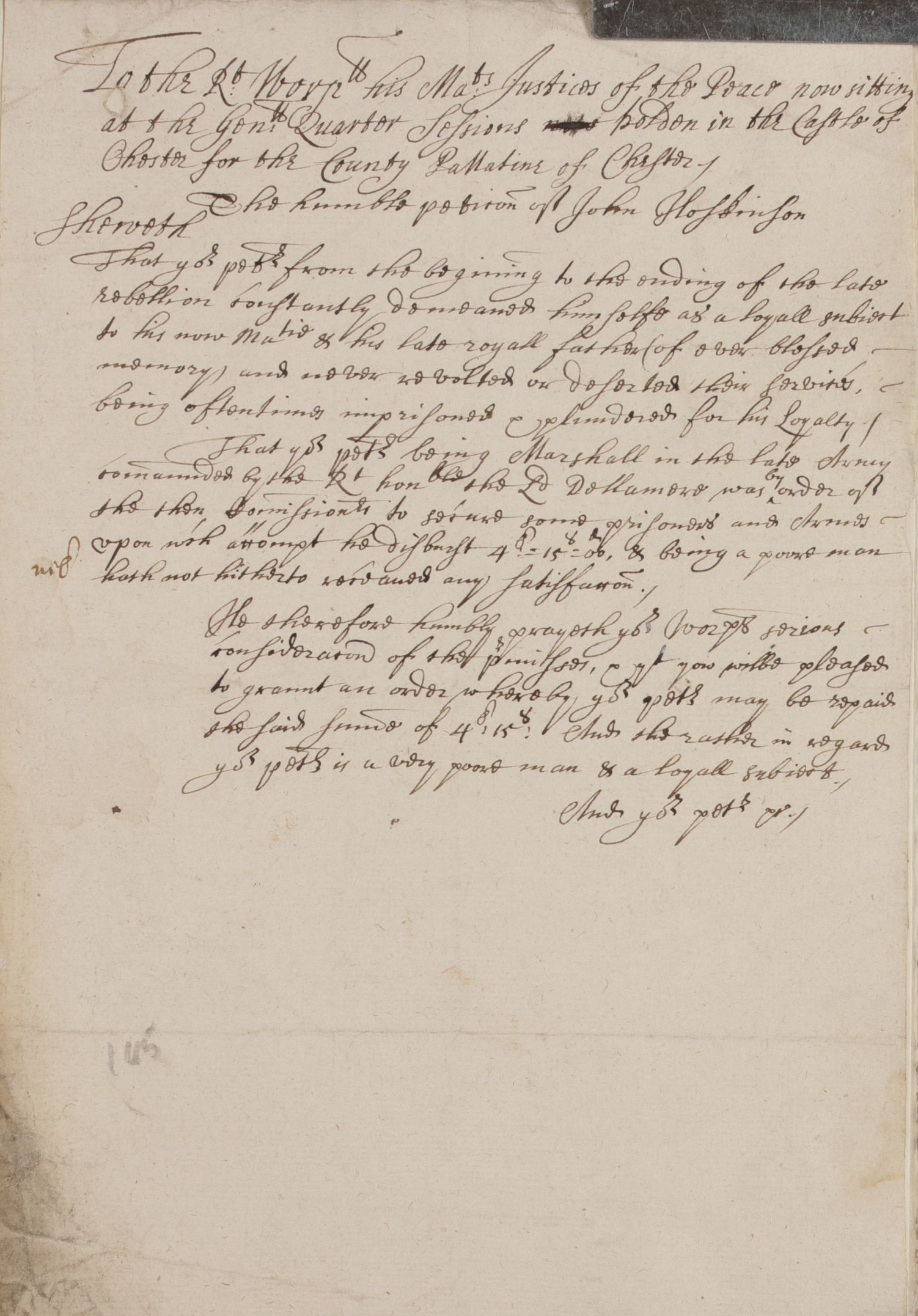 The petition of John Hoskinson, Cheshire, Easter 1663 · Civil War Petitions