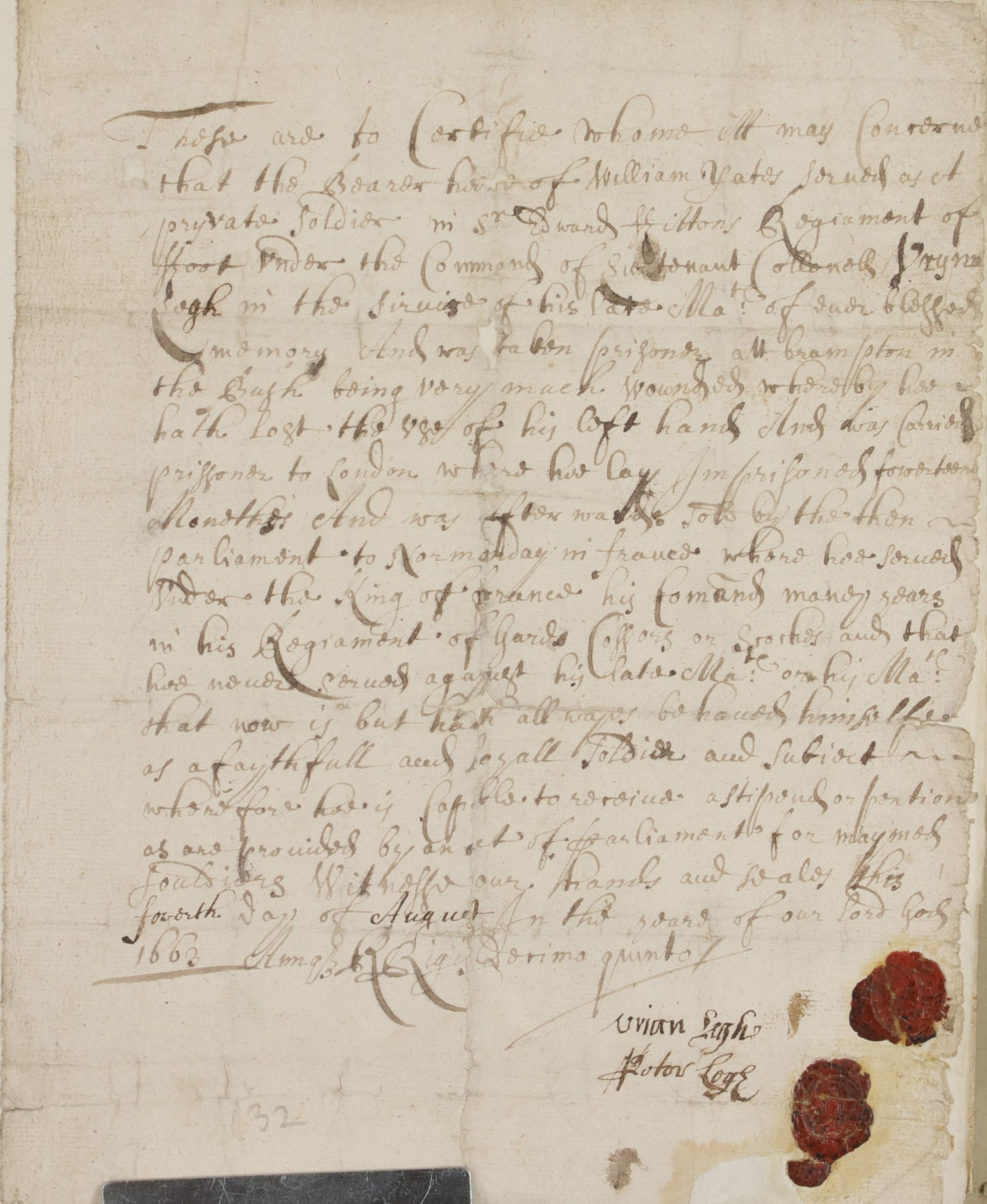 The certificate for William Yates of Knutsford, Cheshire, 4 August 1663 ...