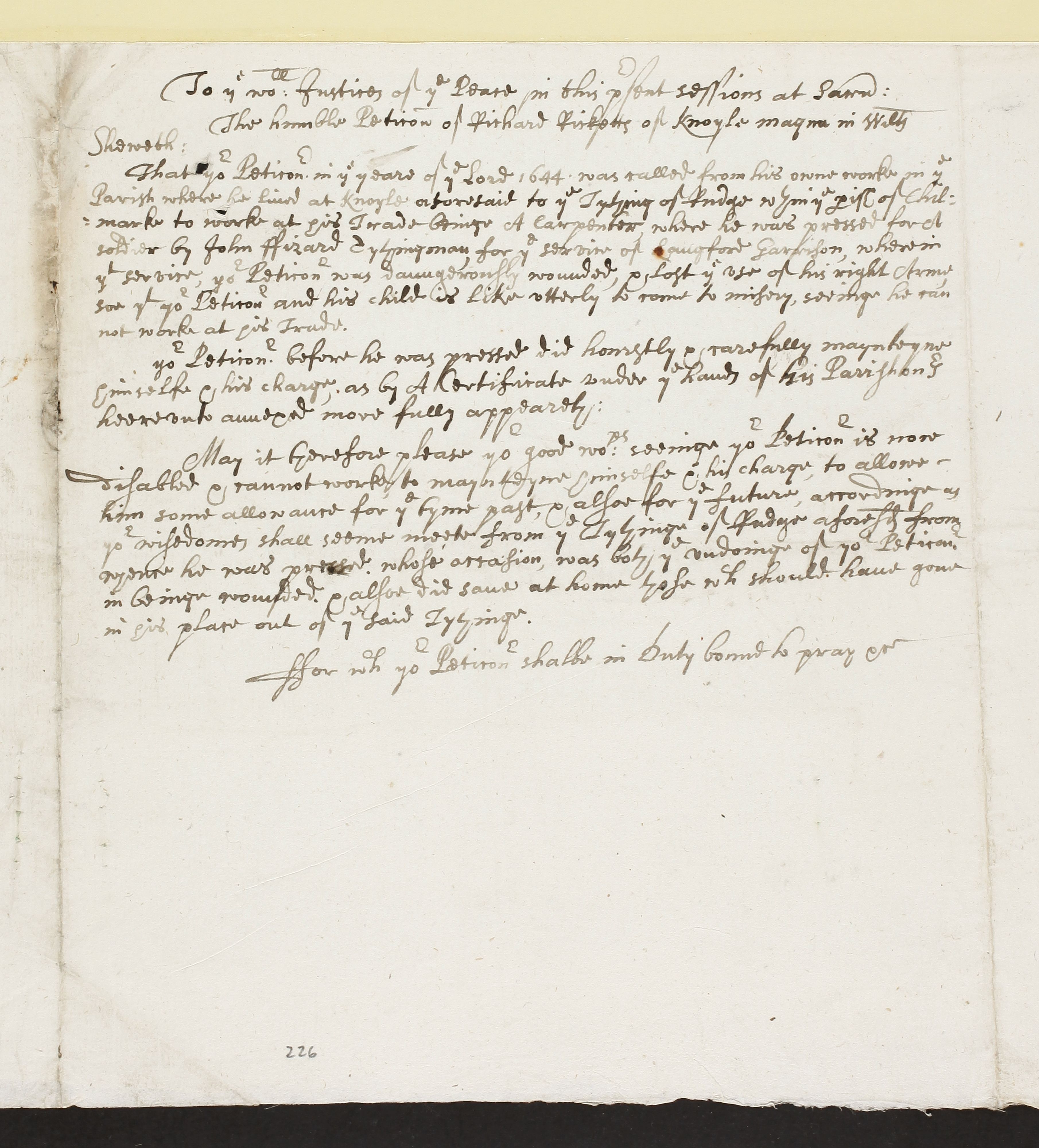 The petition of Richard Ricketts of East Knoyle, Wiltshire, Hilary 1648 ...