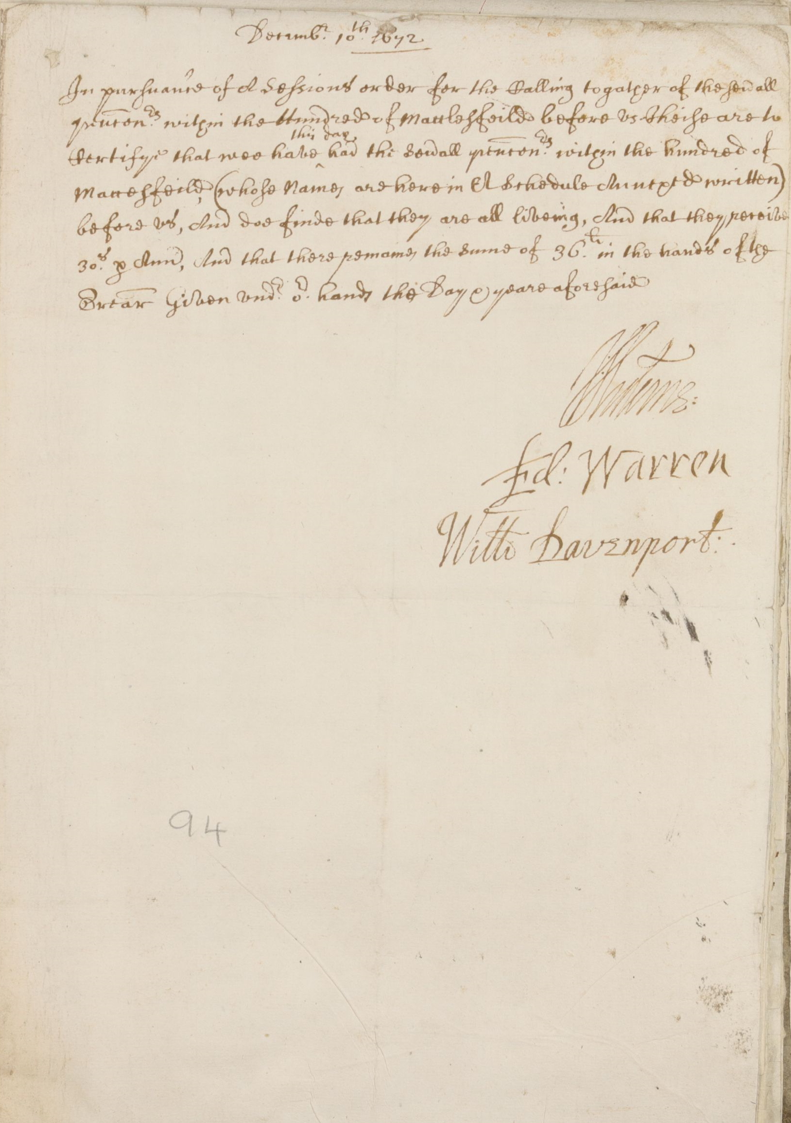 The certificate for the maimed soldiers of Macclesfield Hundred ...