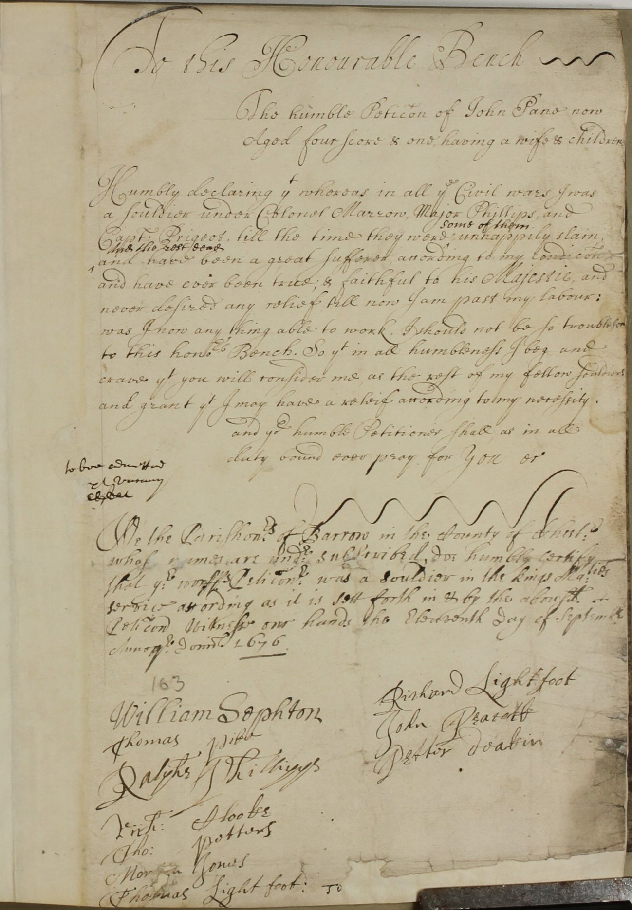 The petition of John Pane of Barrow, Cheshire, 11 September 1676 ...
