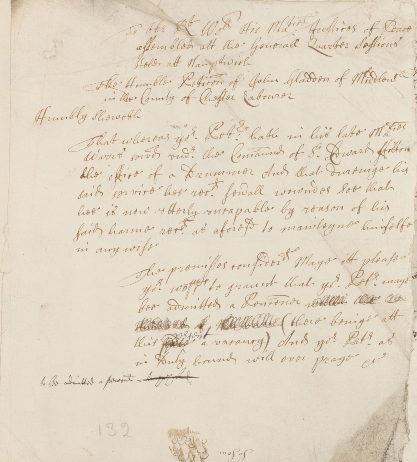 The petition of John Gladden of Middlewich, Cheshire, Trinity 1671 ...