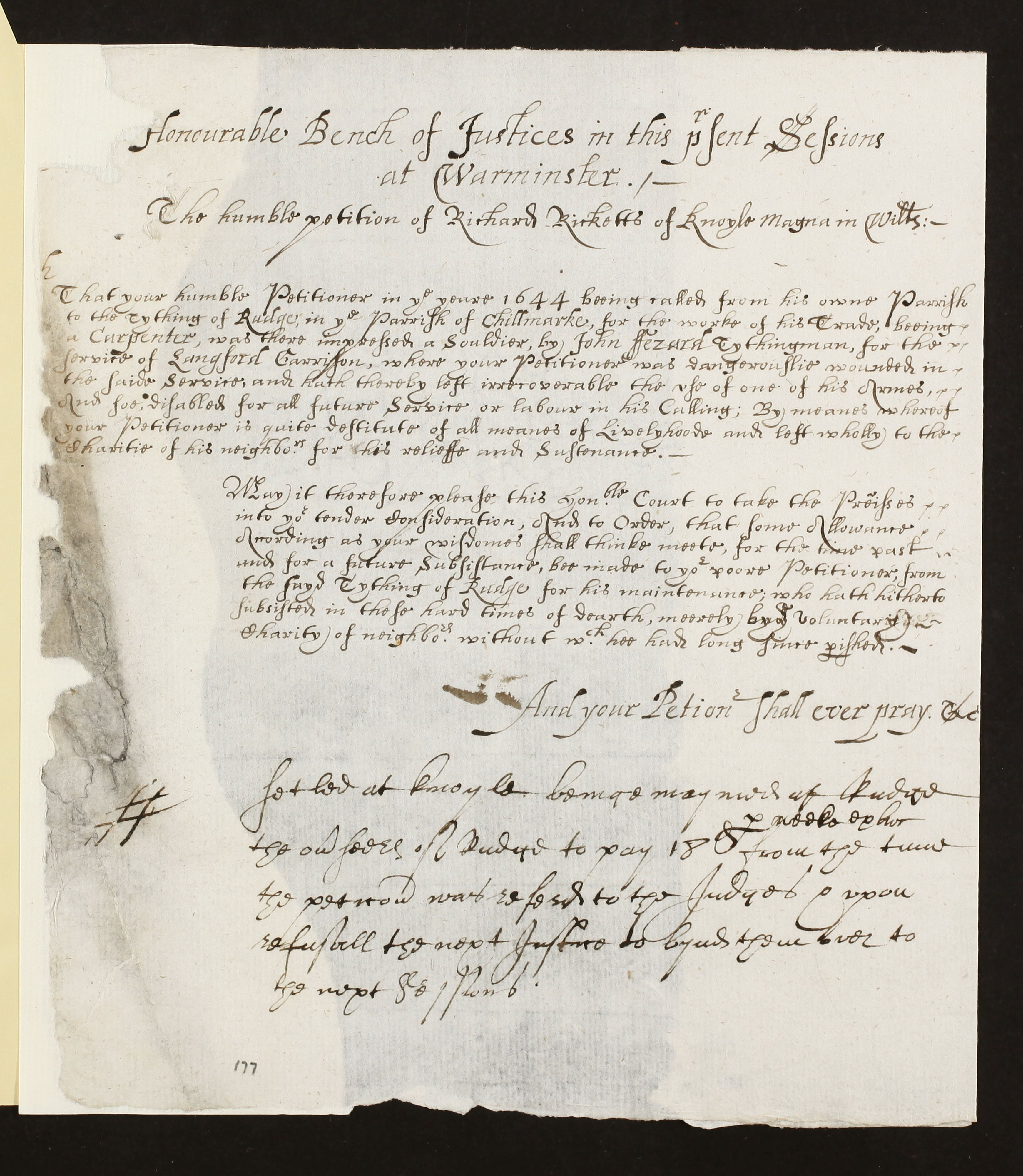 The petition of Richard Ricketts of East Knoyle, Wiltshire, Trinity ...