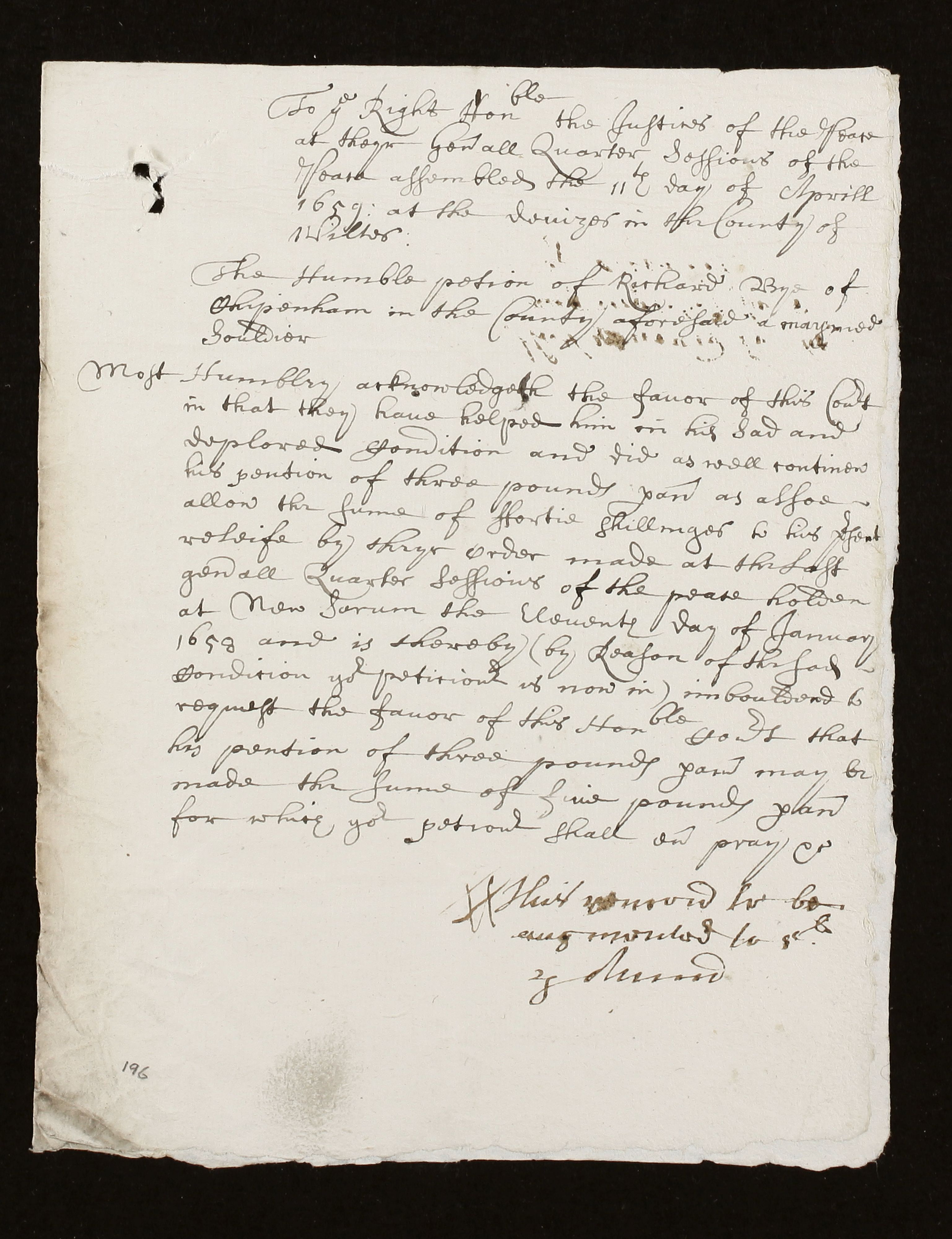 The petition of Richard Bye of Chippenham, Wiltshire, 11 April 1659 ...