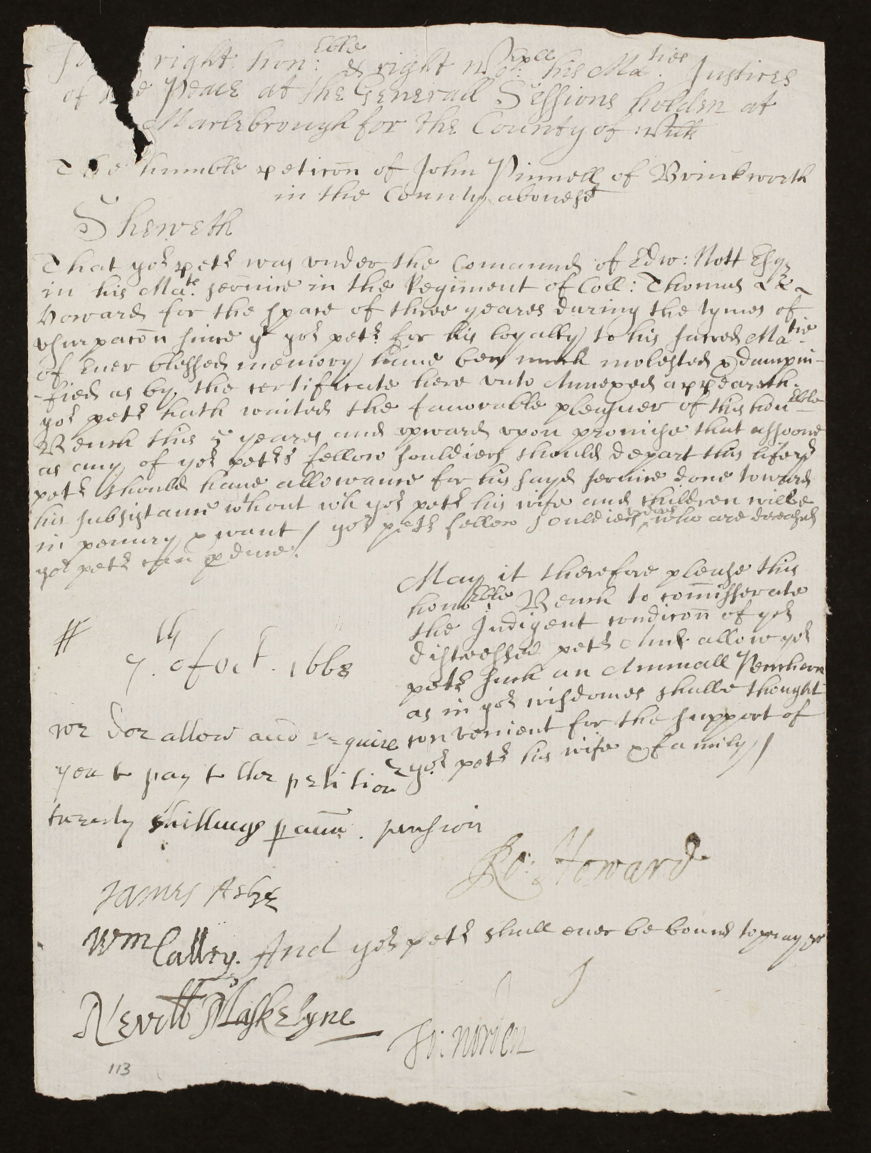 The petition of John Pinnell of Brinkworth, Wiltshire, 7 October 1668 ...