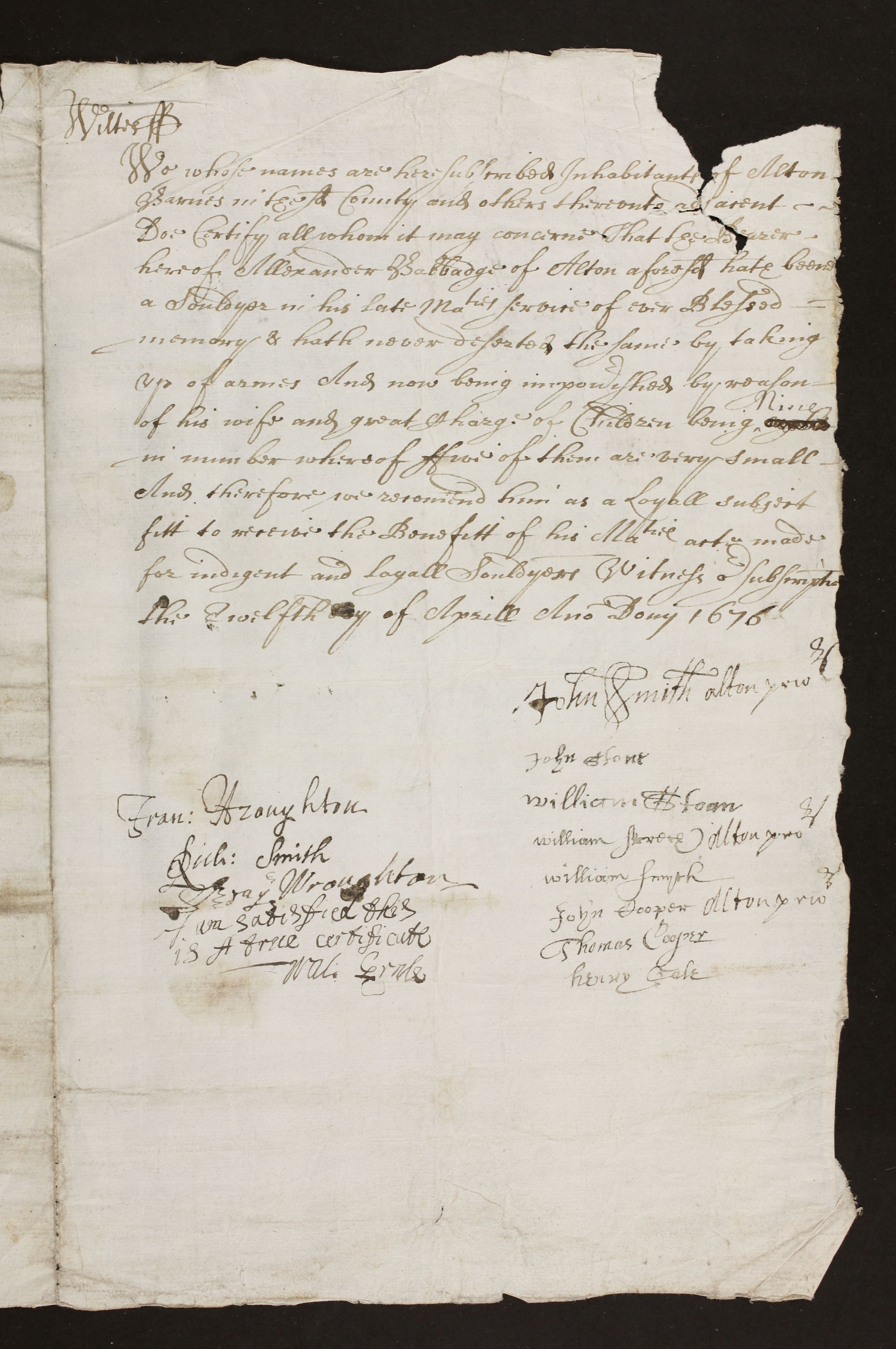 The certificate for Alexander Babbage of Alton Barnes, Wiltshire, 12 ...