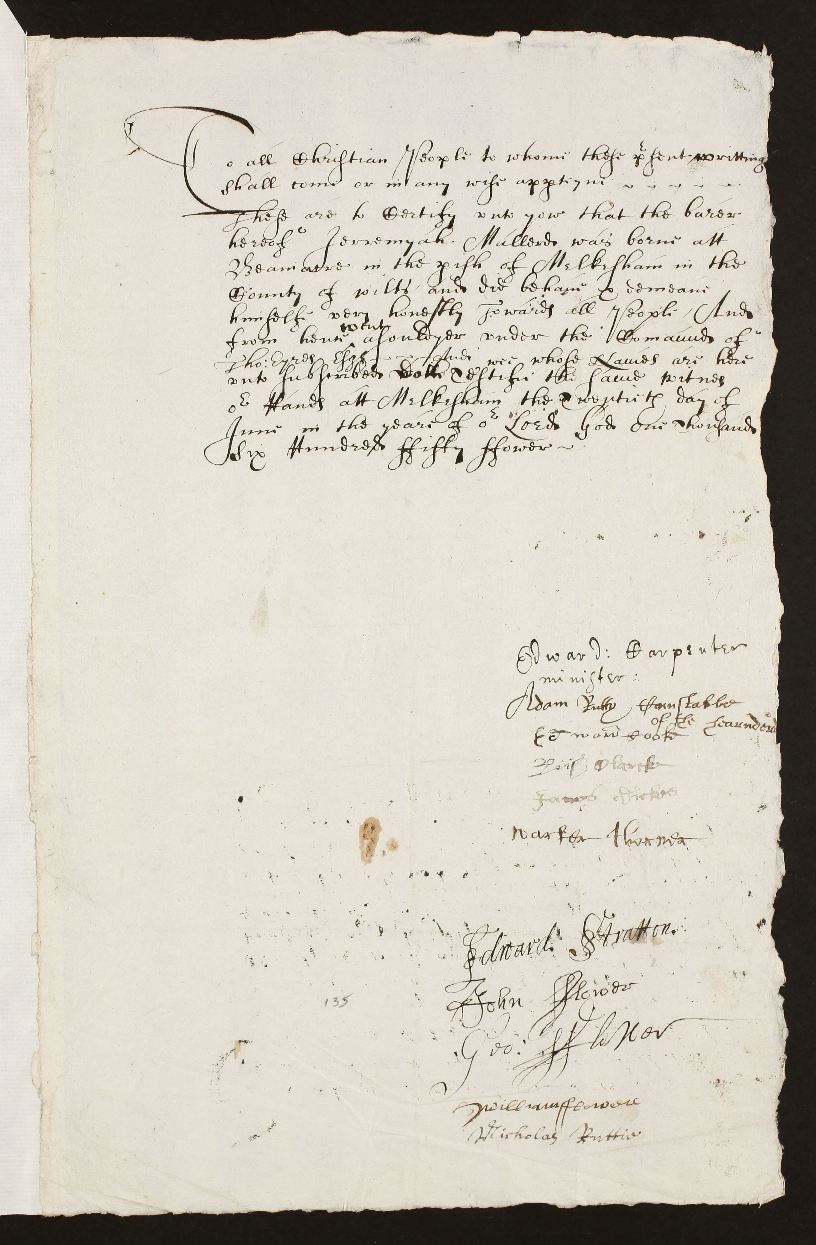 The certificate for Jeremyah Mallerd of Melksham, Wiltshire, 20 June ...