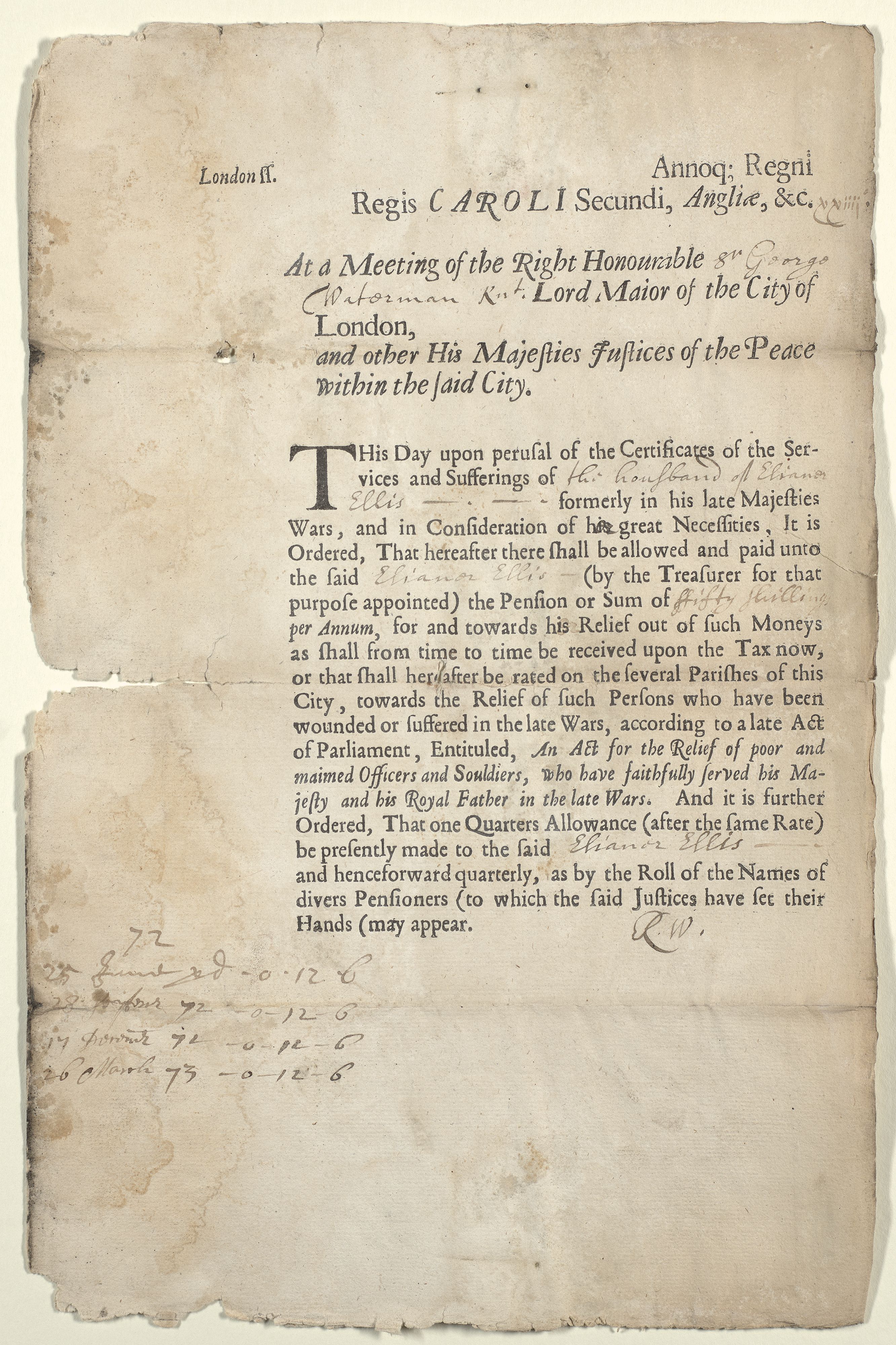 The certificate for Elianer Ellis, City of London, 25 June 1672 · Civil ...
