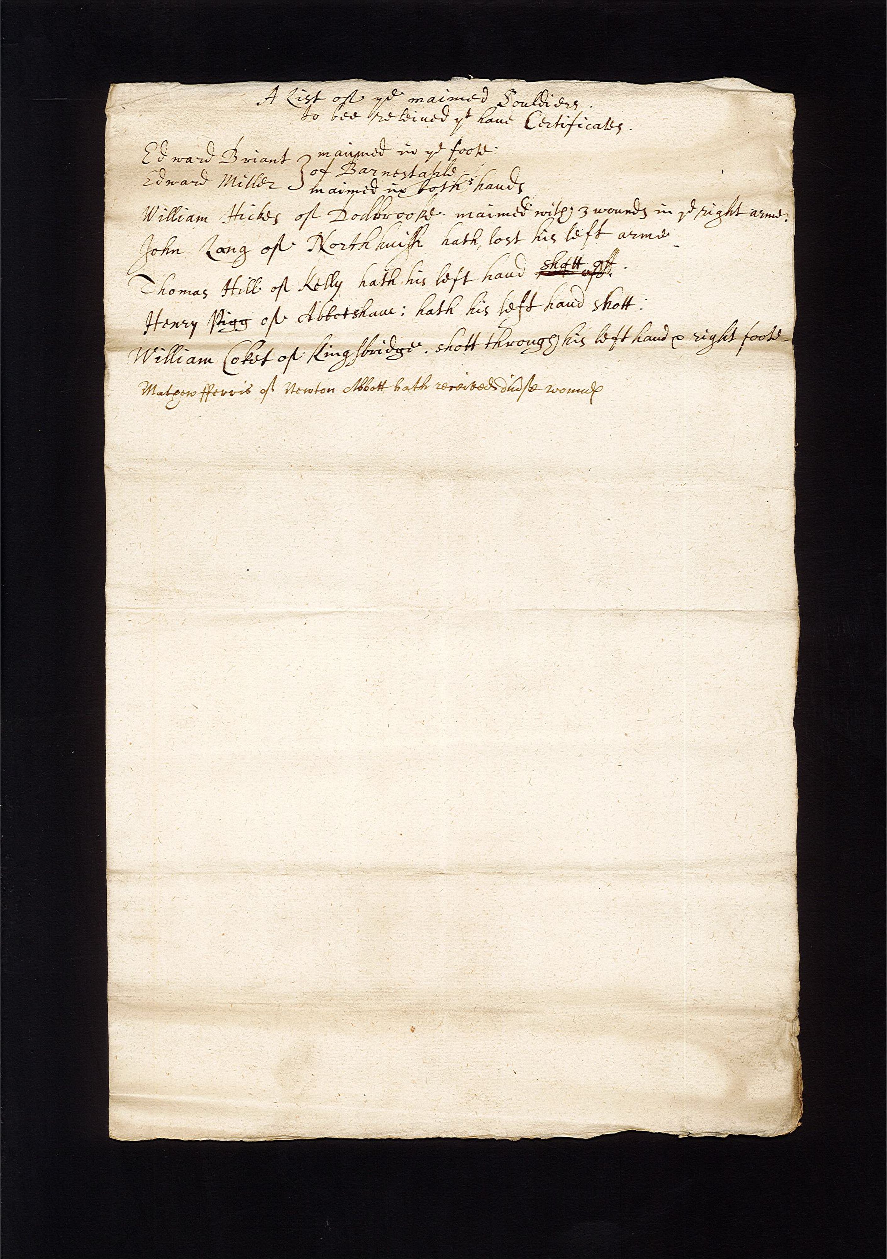 The certificate for several maimed soldiers, Devon, Easter 1648 · Civil ...