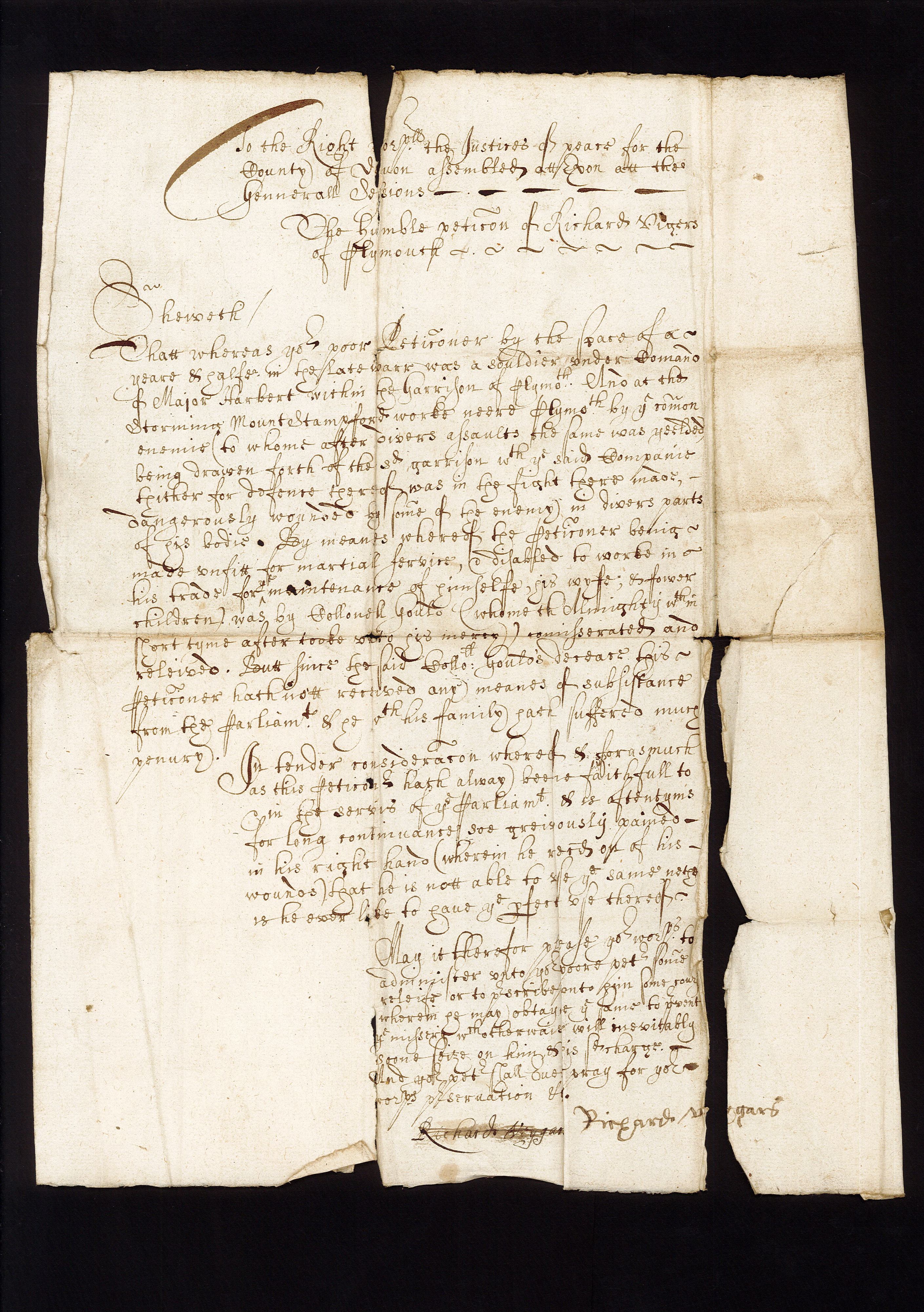 The petition of Richard Vigers of Plymouth, Devon, Epiphany 1650 ...