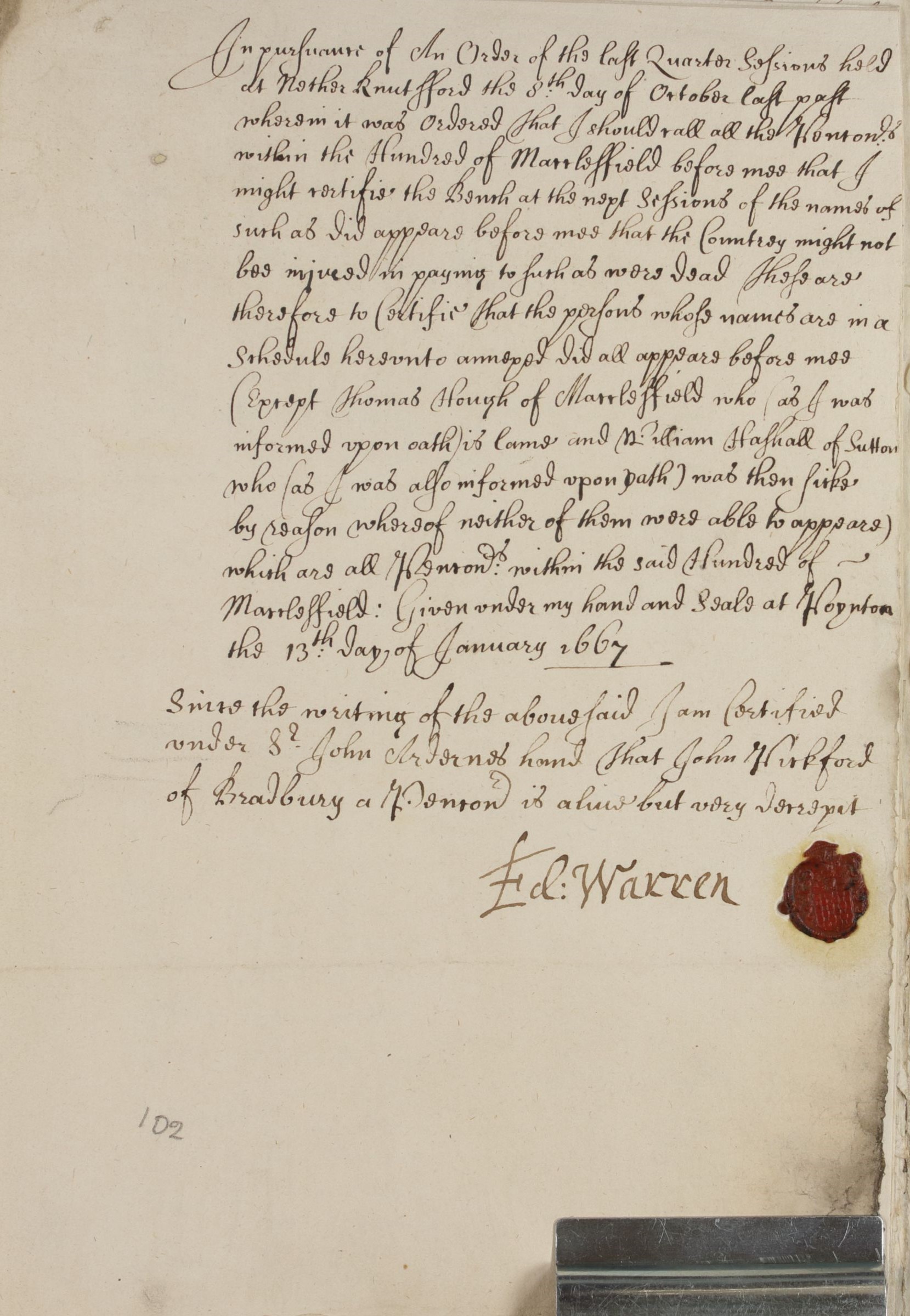 The certificate for the maimed soldiers of Macclesfield Hundred ...