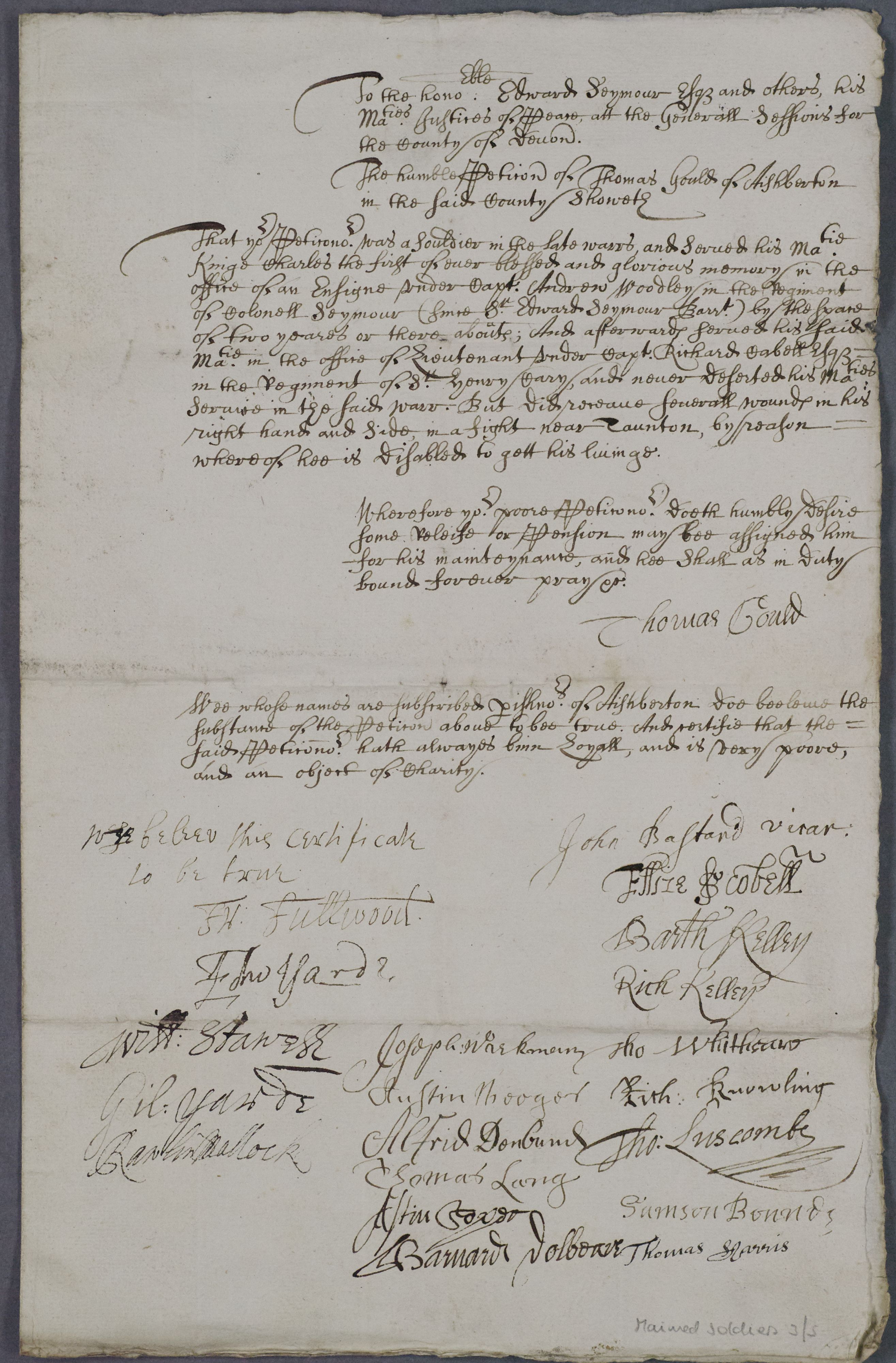 The petition of Thomas Gould of Ashburton, Devon, Easter 1682 · Civil ...