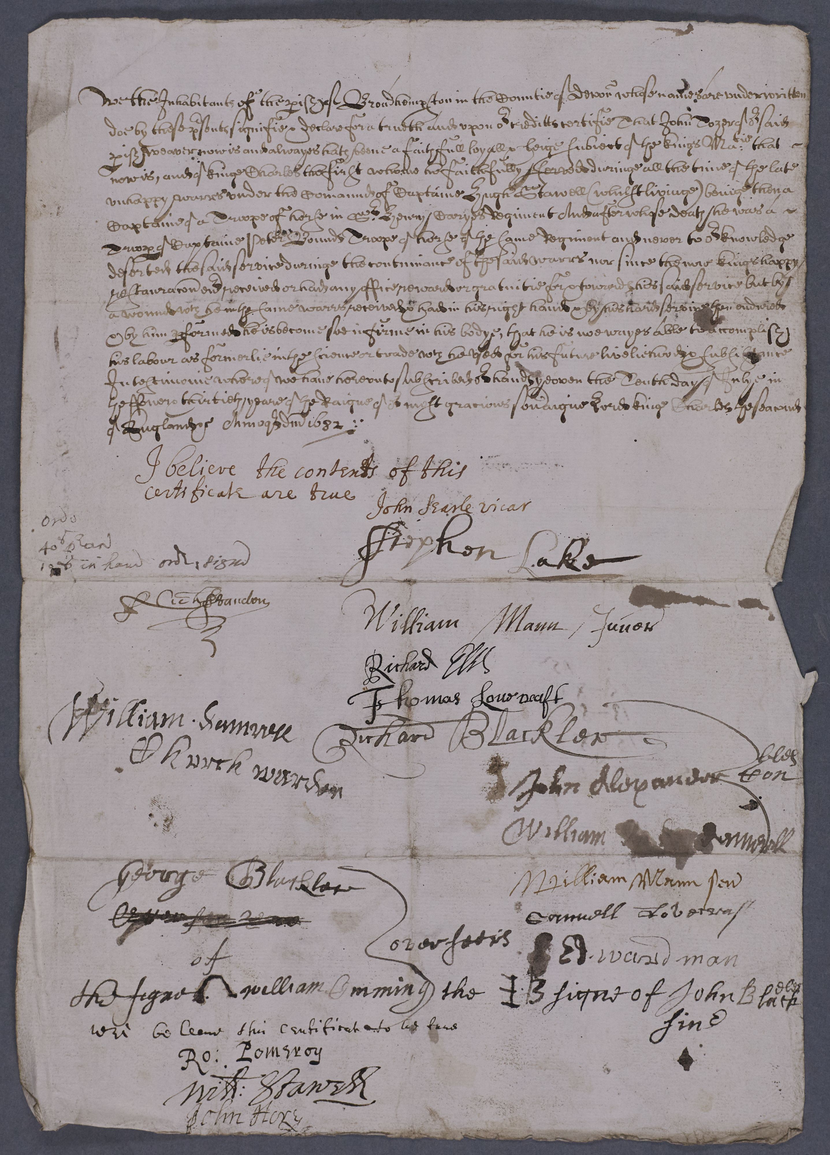 The certificate for John Tozer of Broadhempston, Devon, 10 July 1682 ...