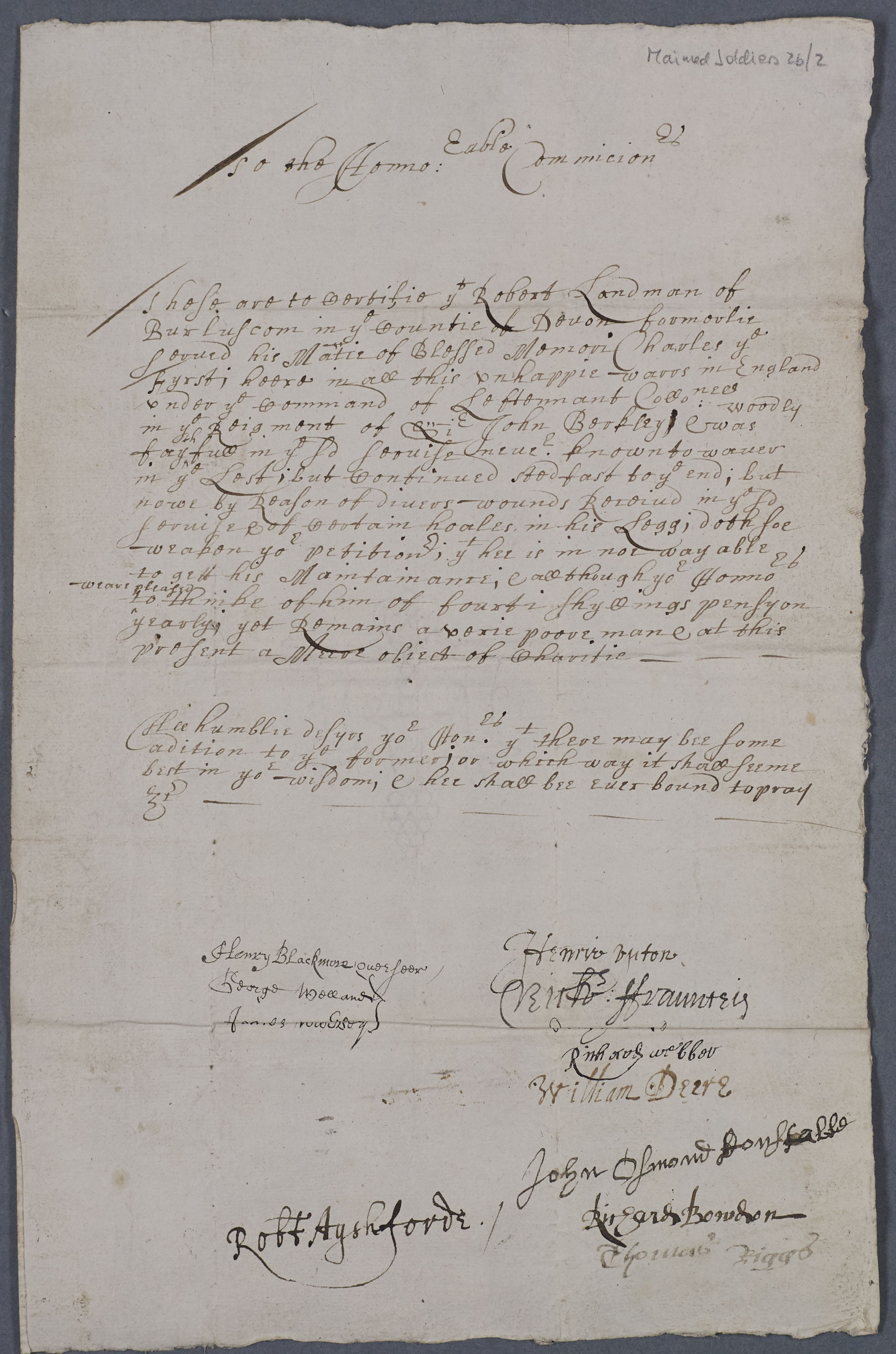 The certificate for Robert Landman of Burlescombe, Devon, Epiphany 1665 ...
