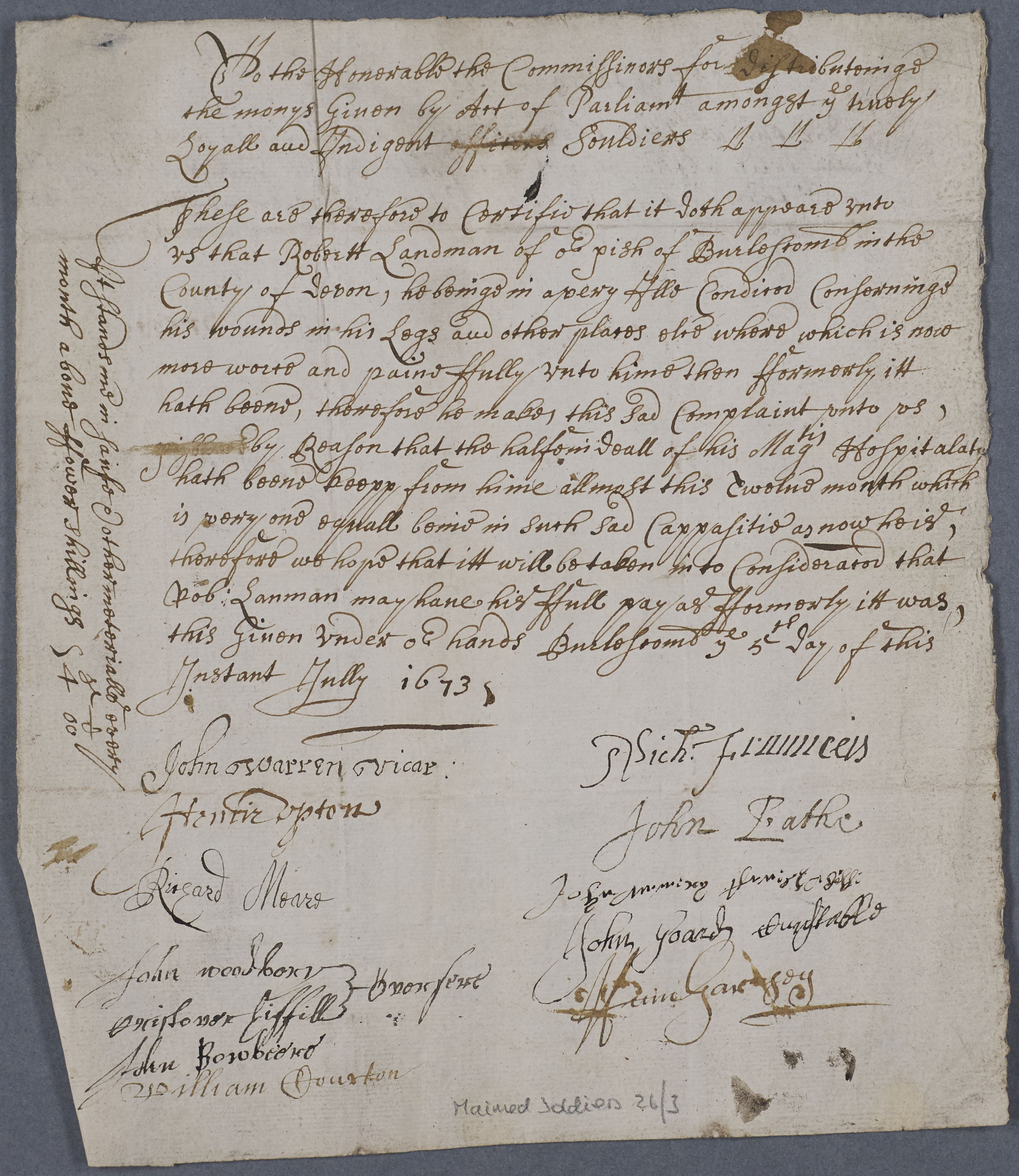 The certificate for Robert Landman of Burlescombe, Devon, 5 July 1673 ...