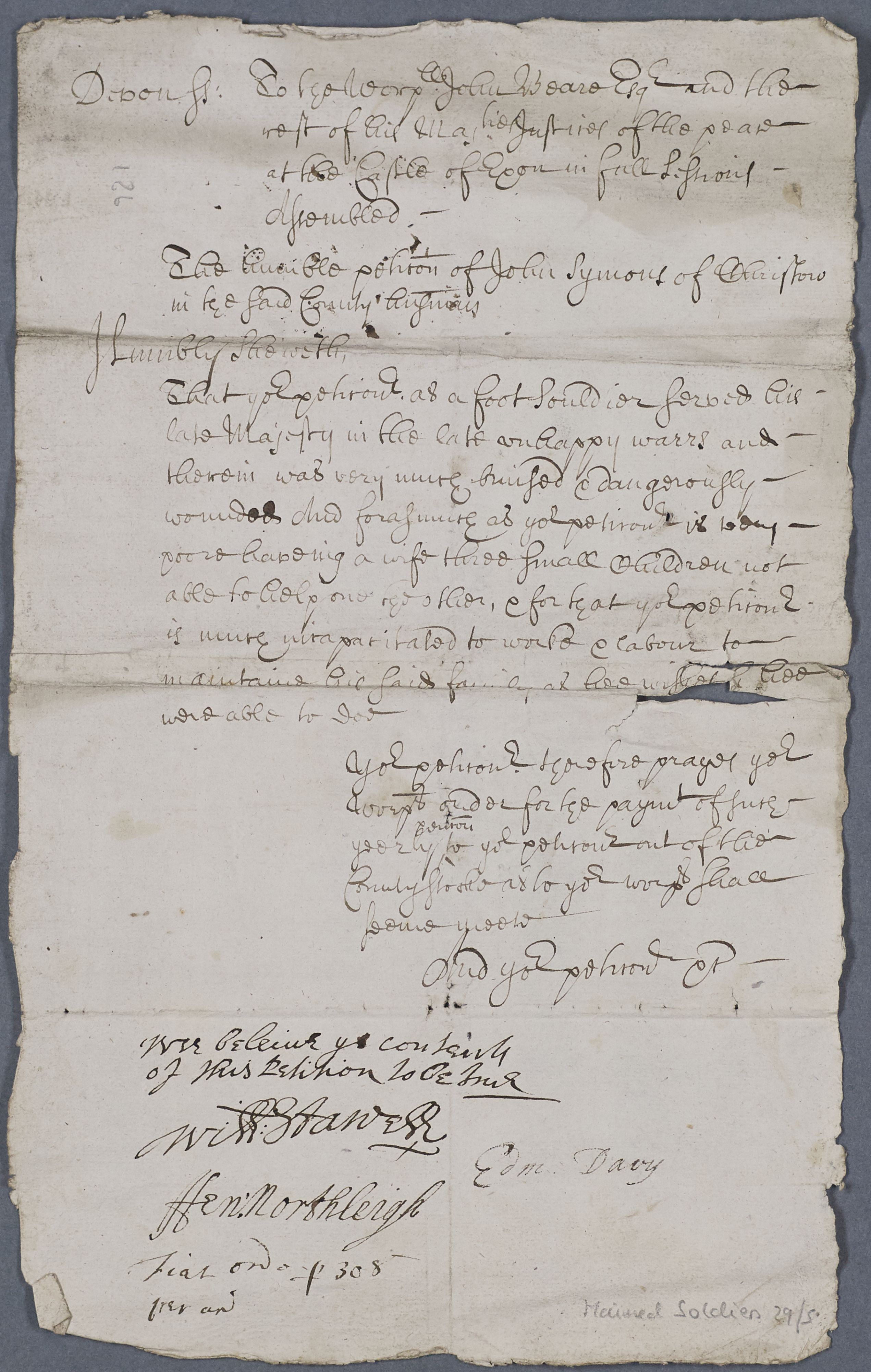 The petition of John Symons of Christow, Devon, 1685 · Civil War Petitions