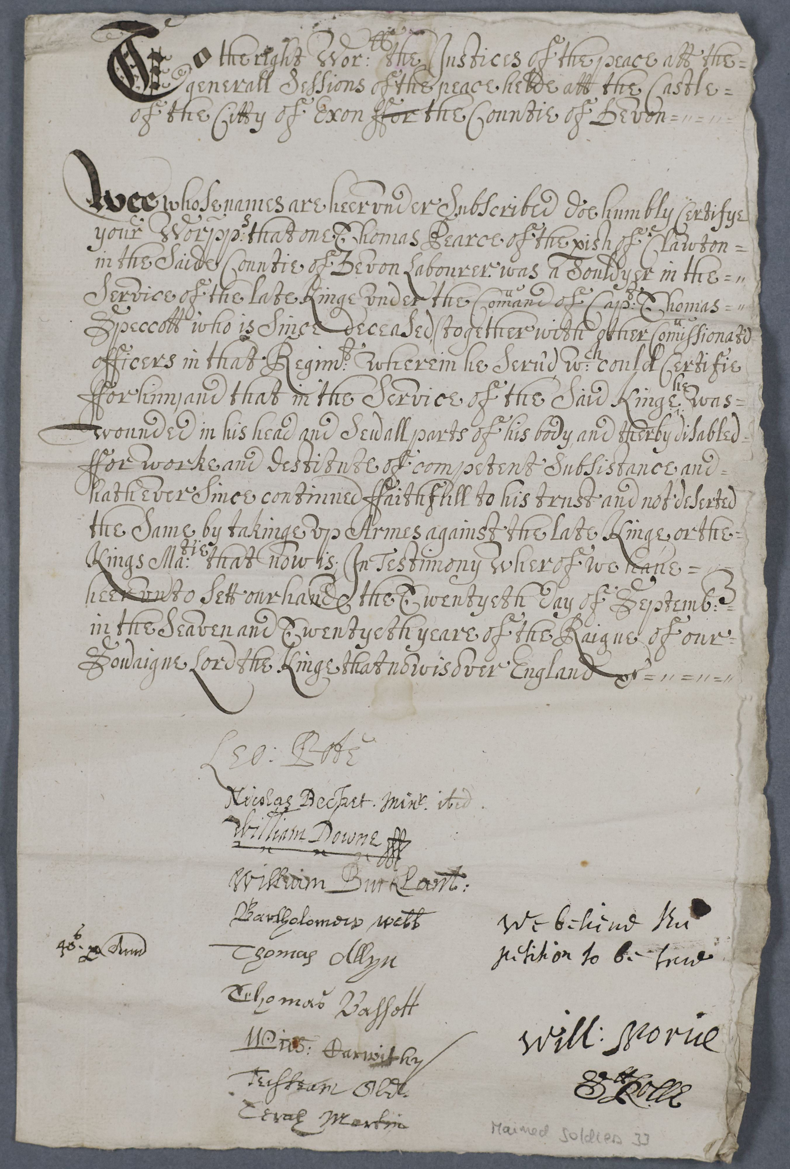 The certificate for Thomas Pearce of Clawton, Devon, 20 September 1675 ...