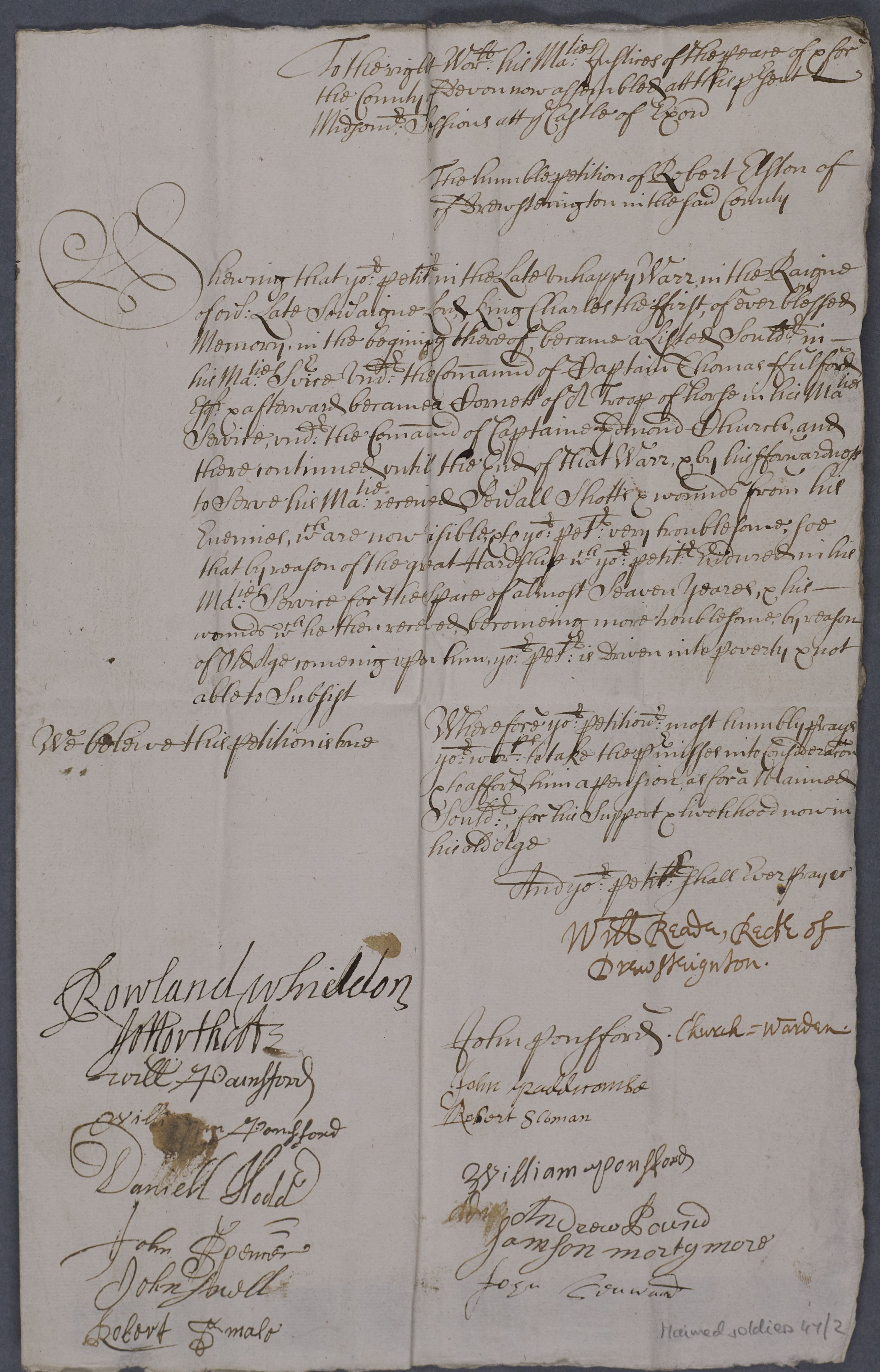 The petition of Robert Elston of Drewsteignton, Devon, Midsummer 1687 ...