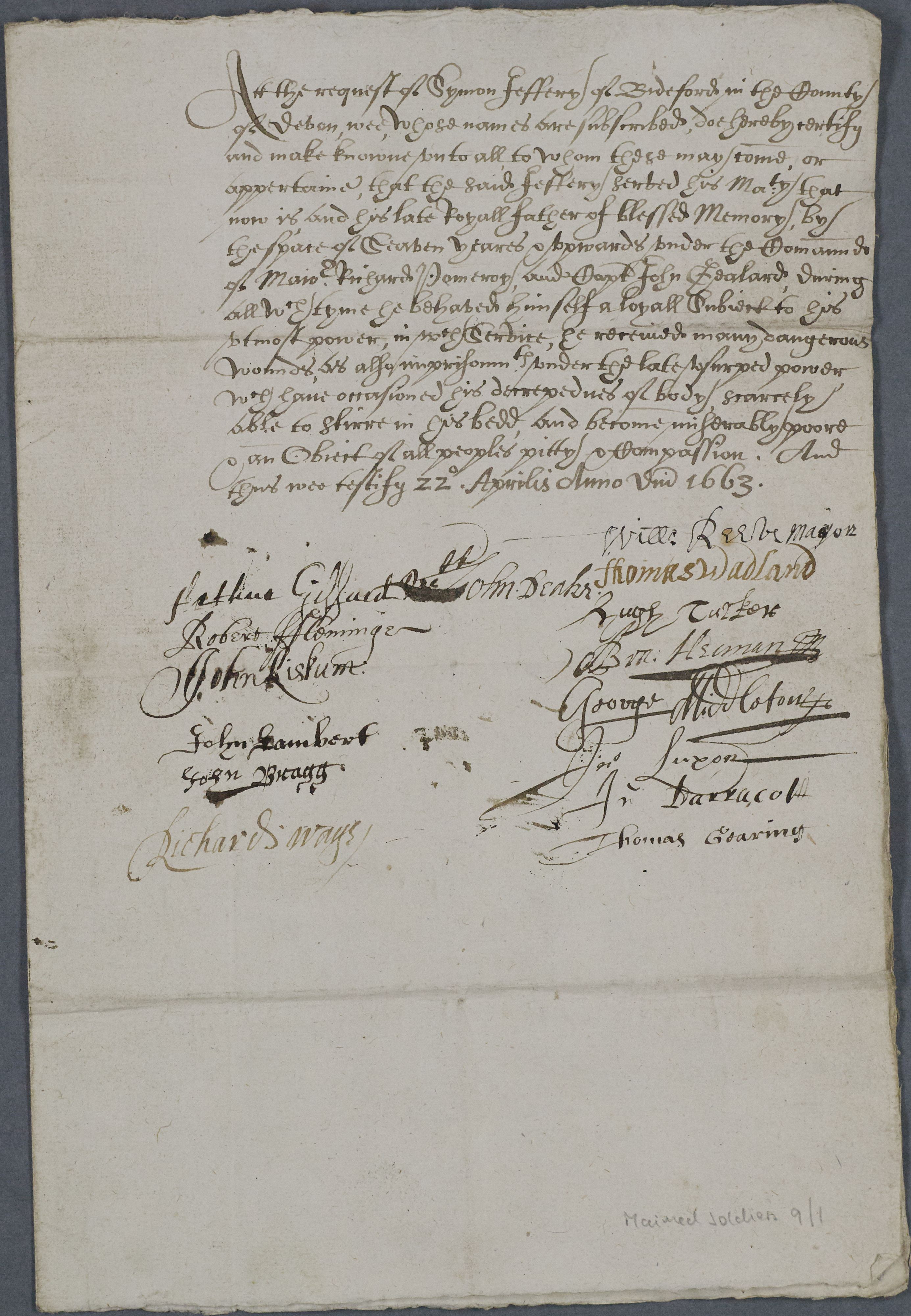 The certificate for Symon Jeffery of Bideford, Devon, 22 April 1663 ...