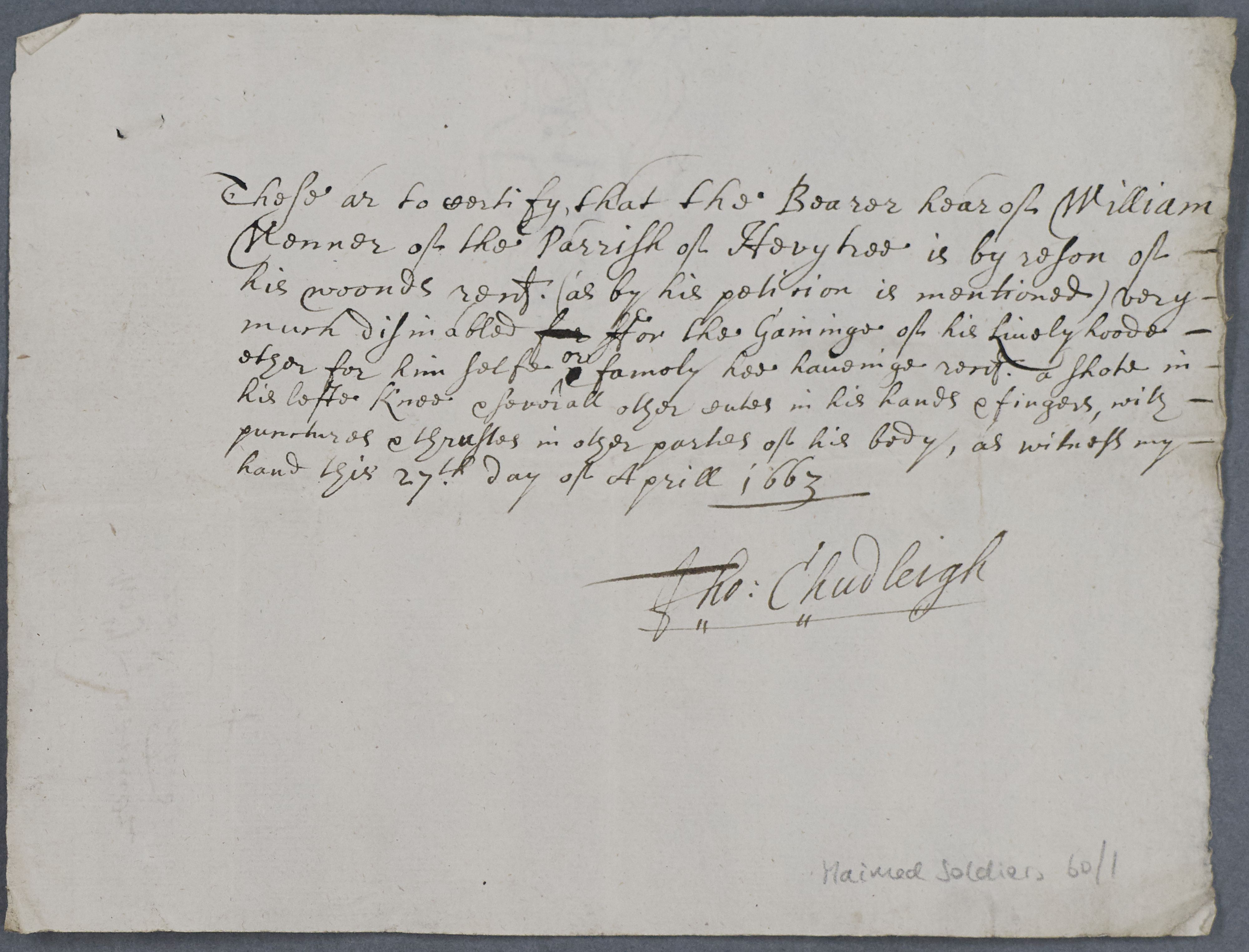 The certificate for William Venner of Heavitree, Devon, 27 April 1663 ...