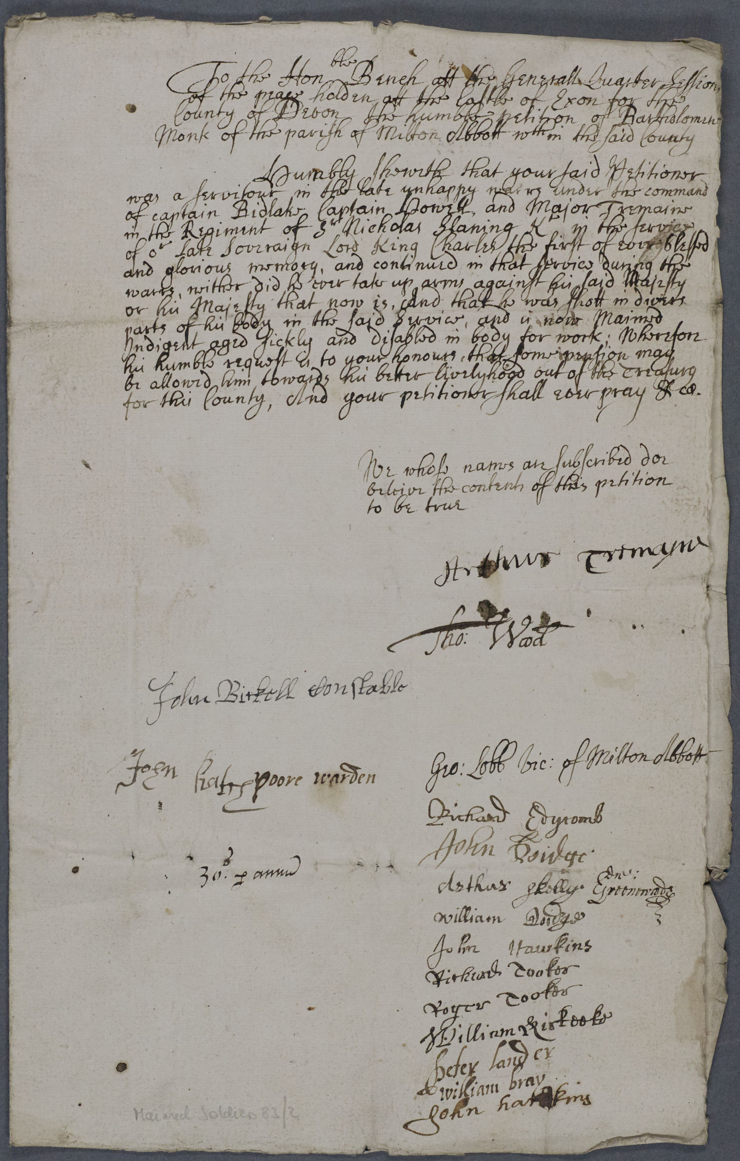 The petition of Bartholomew Monk of Milton Abbot, Devon, 1683 · Civil ...