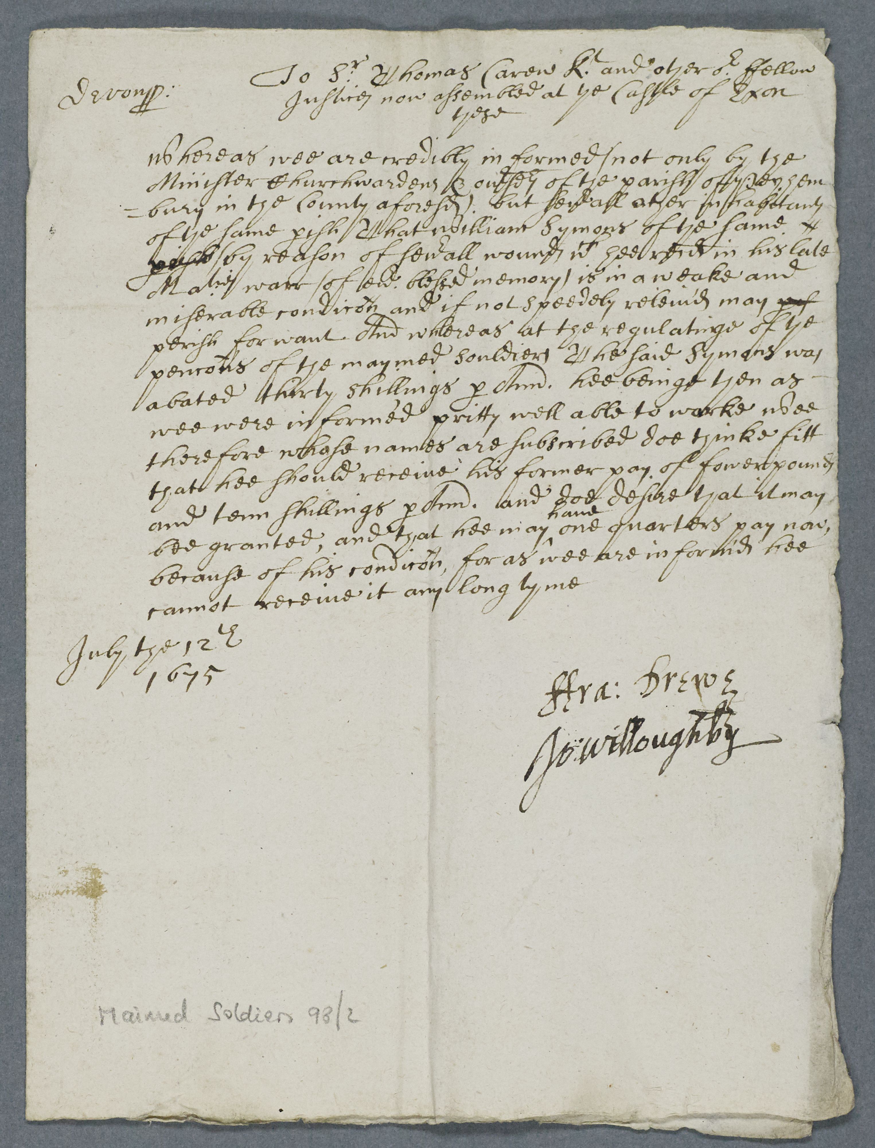 The certificate for William Symons of Payhembury, Devon, 12 July 1675 ...