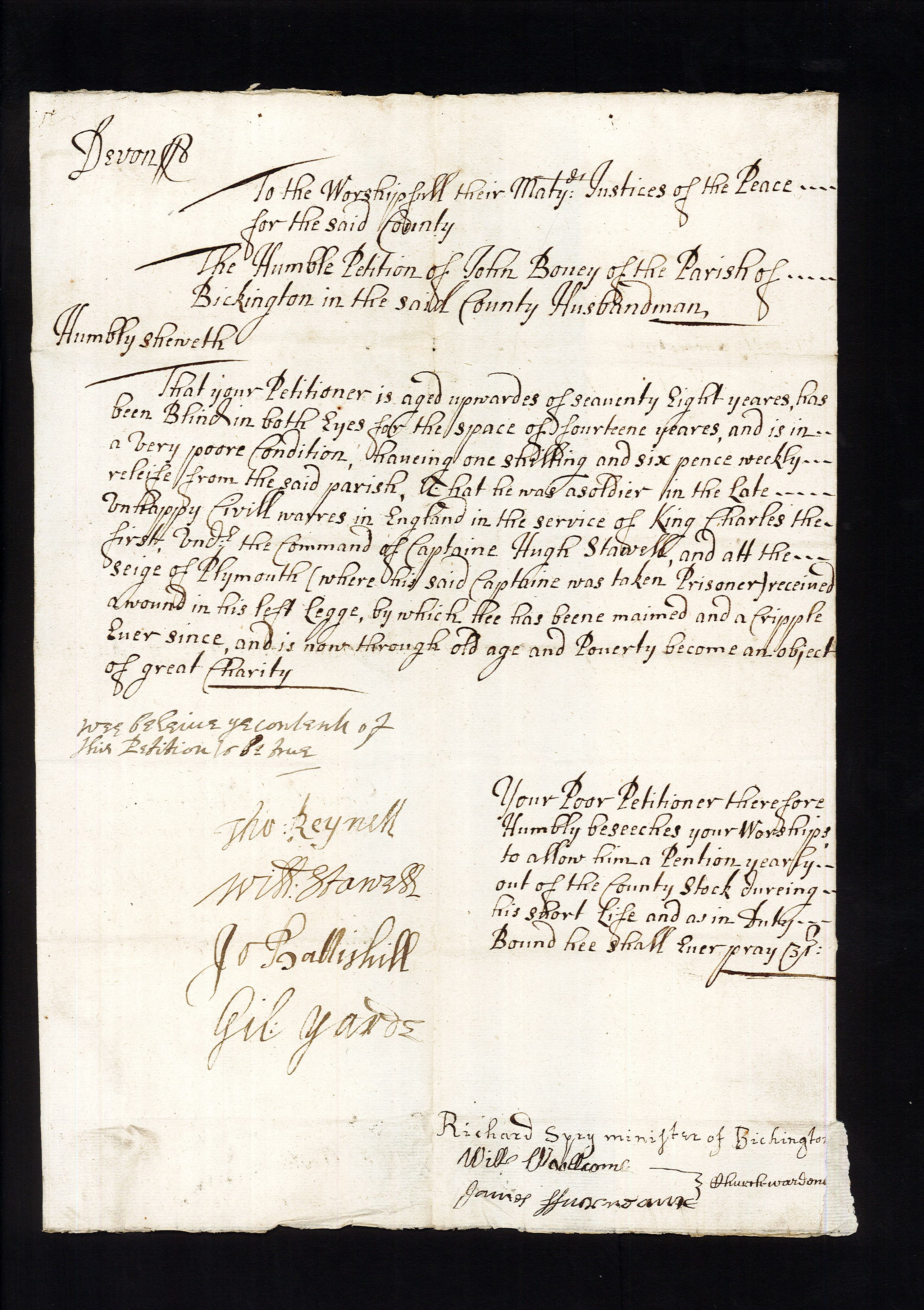 The petition of John Bovey of Bickington, Devon, 1691 · Civil War Petitions