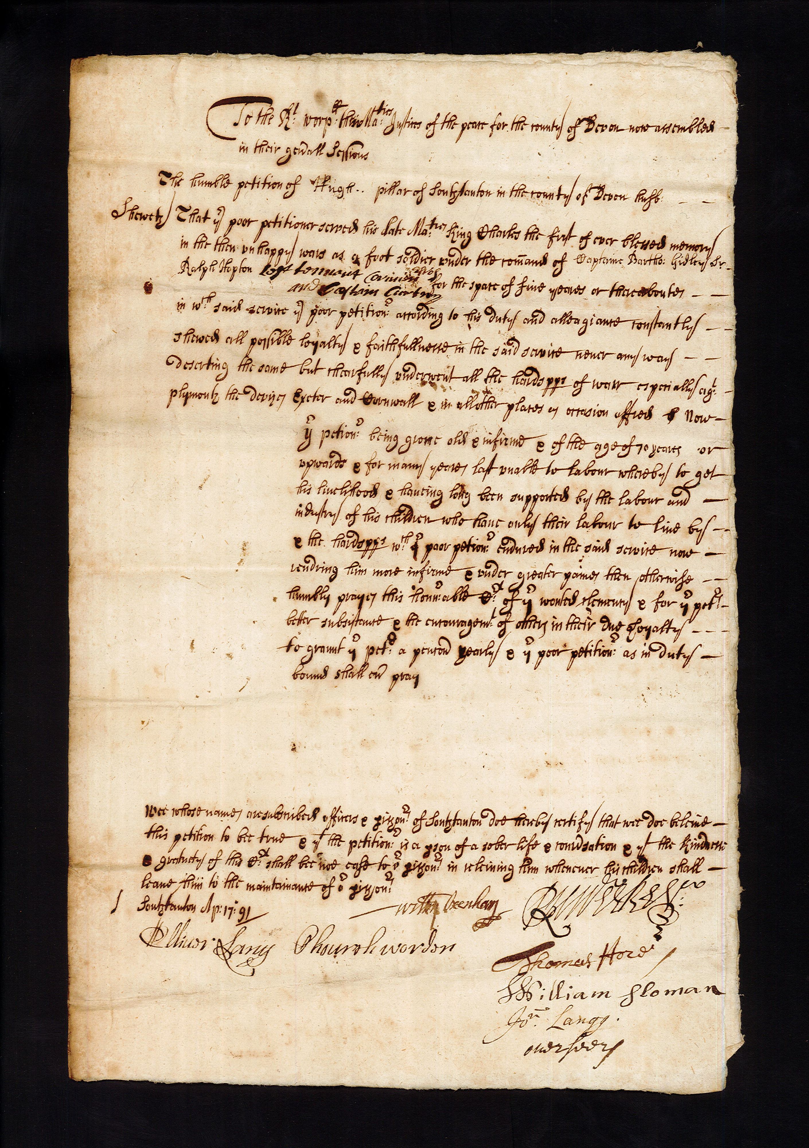 The petition of Hugh Pillar of South Tawton, Devon, April 1691 · Civil ...