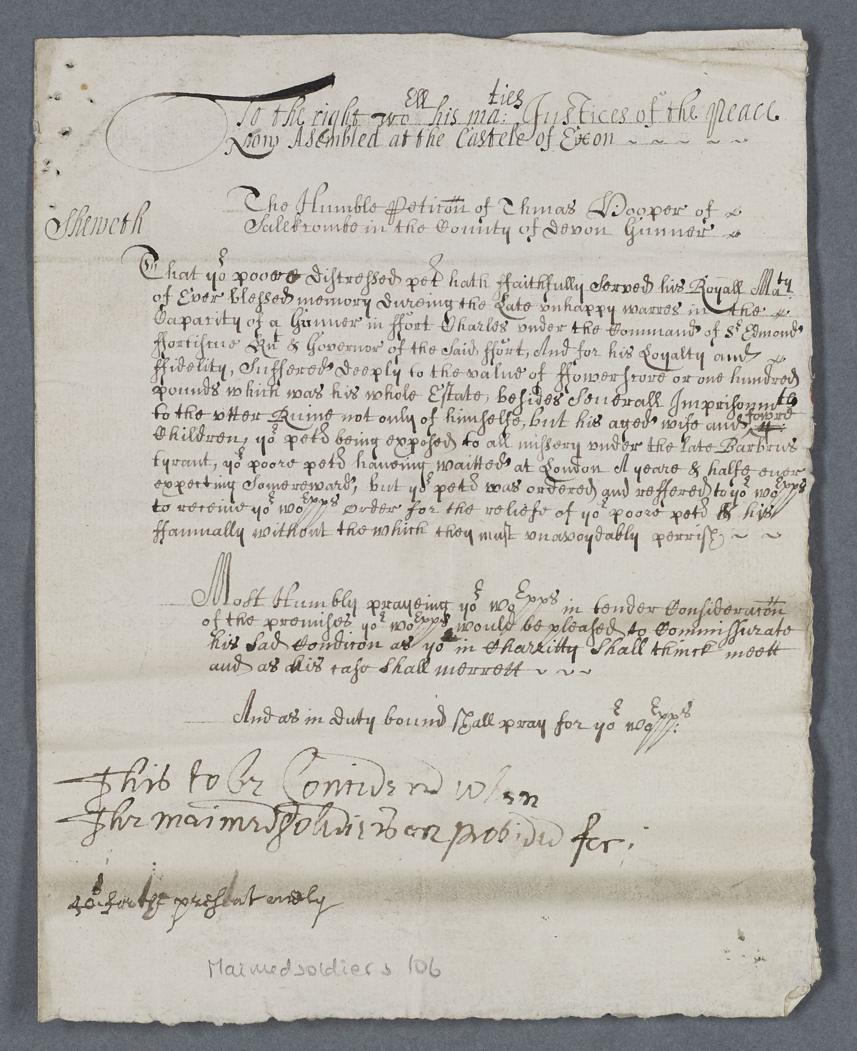 The petition of Thomas Hooper of Salcombe, Devon, 1663 · Civil War ...