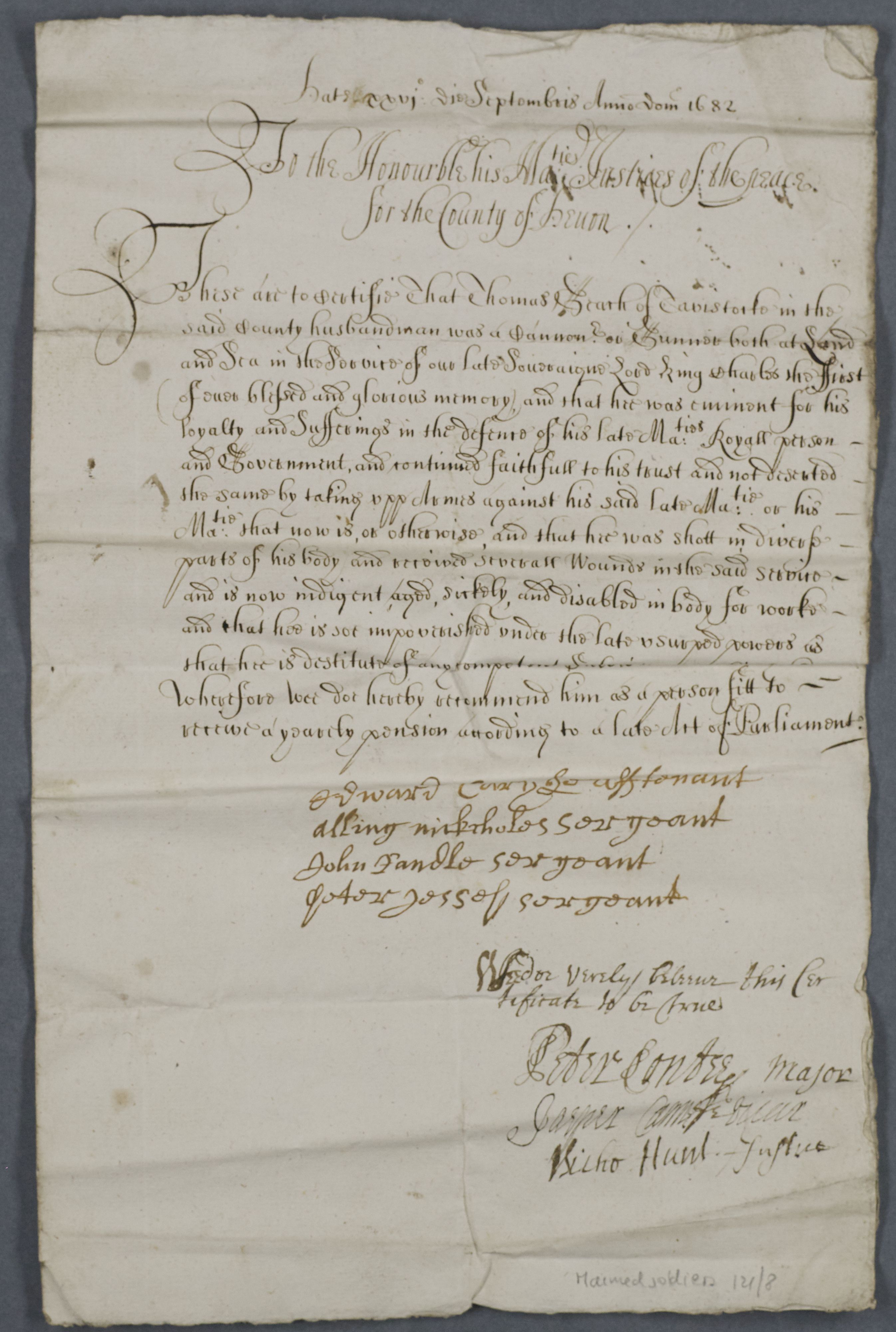 The certificate for Thomas Geach of Tavistock, Devon, 26 September 1682 ...
